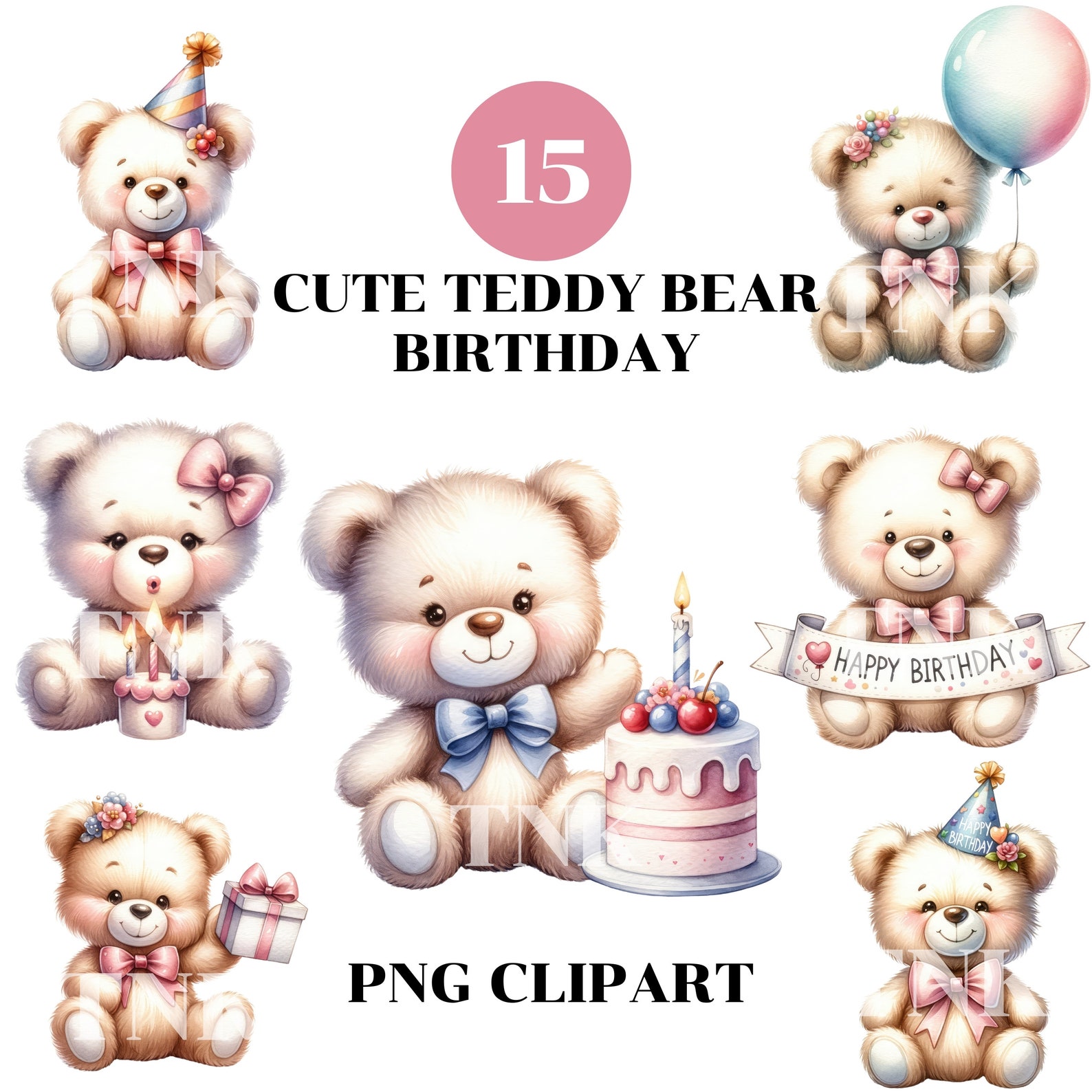 Watercolor Cute Teddy Bear Birthday Clipart Sublimation,bear Clipart ...