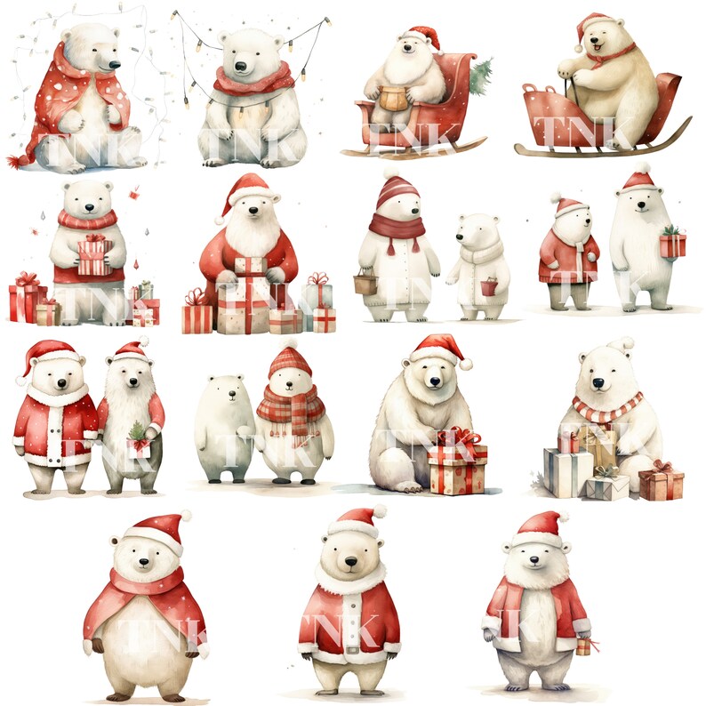 Watercolor Polar Bear Christmas Clipart Bundle,commercial Use,digital ...
