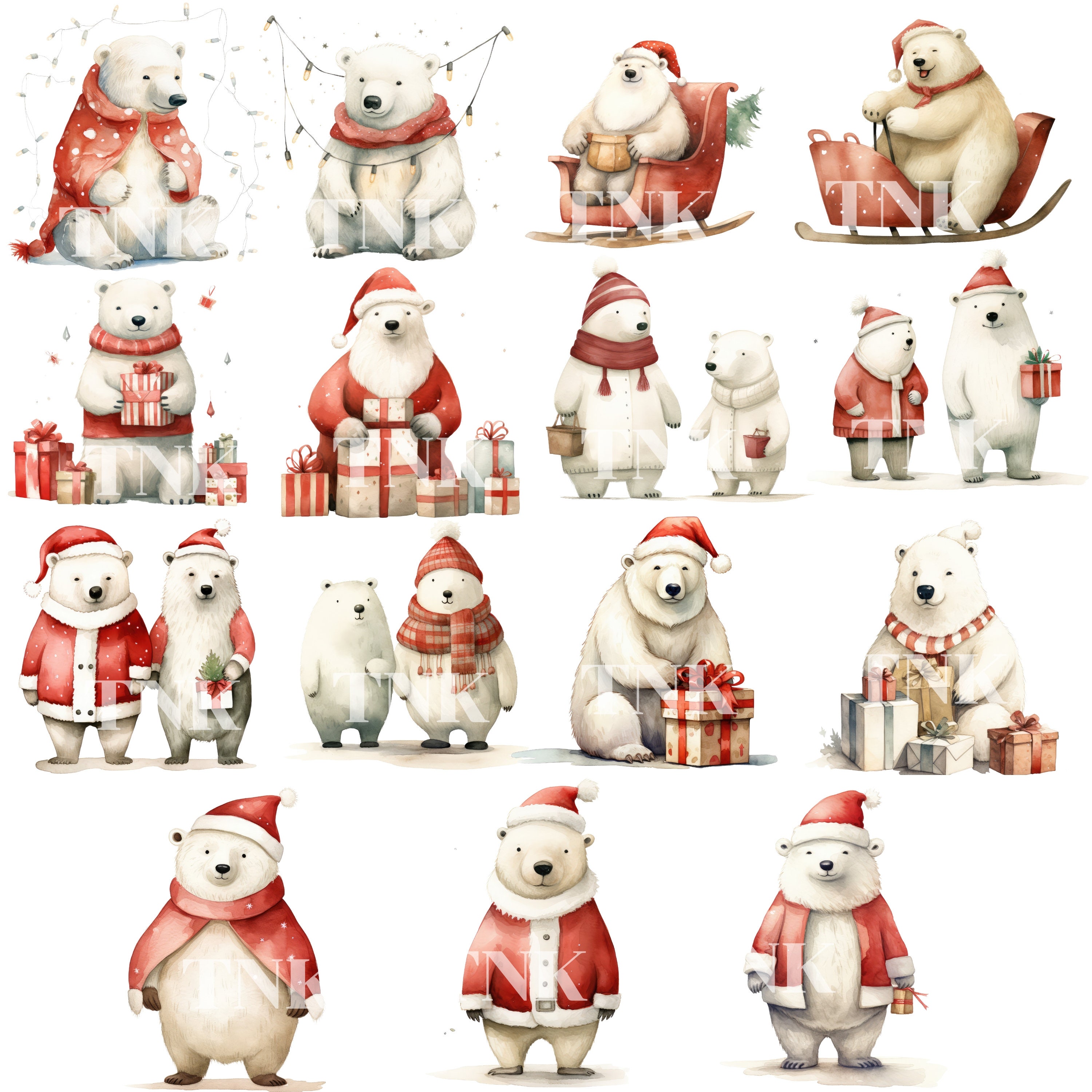 Watercolor Polar Bear Christmas Clipart Bundle,commercial Use,digital ...