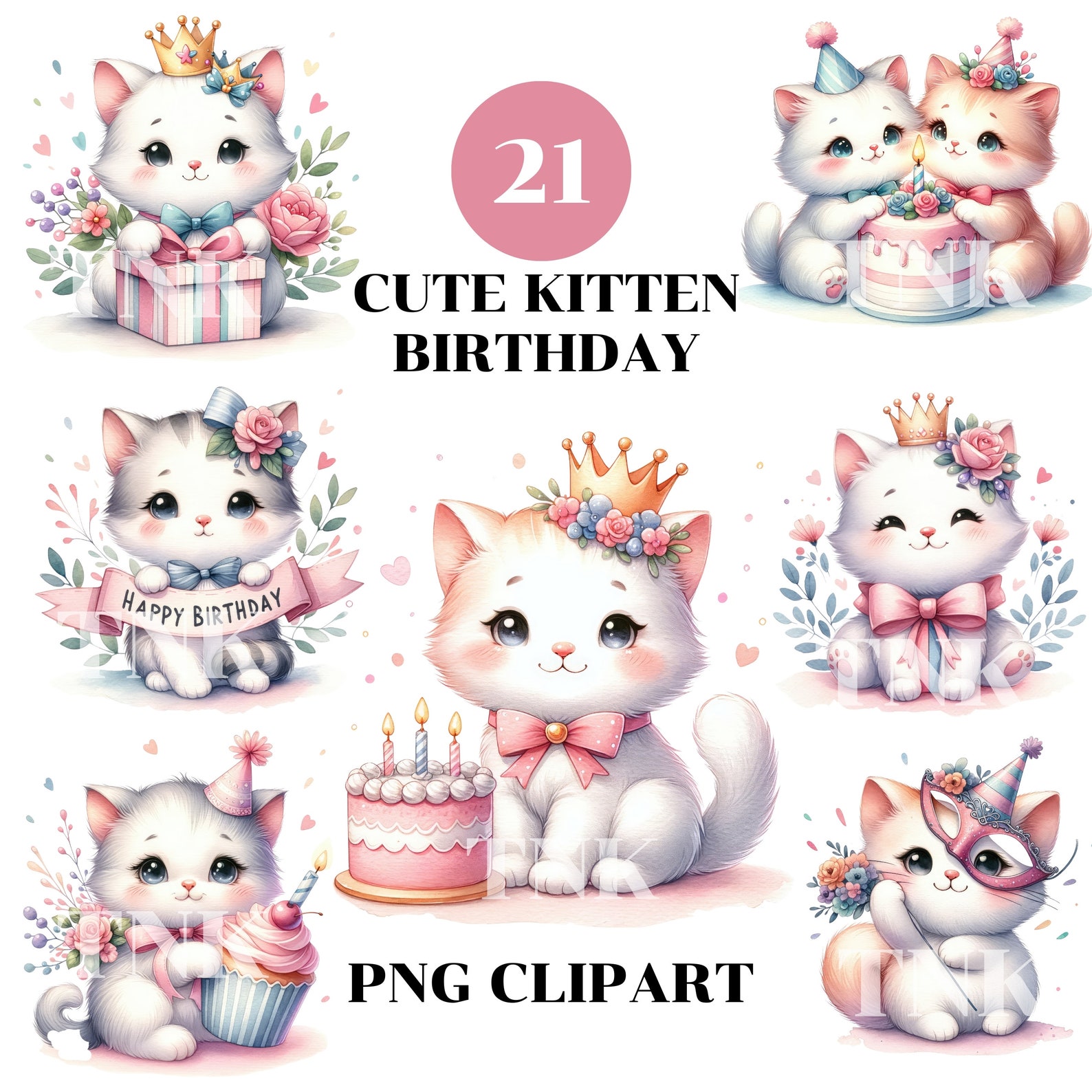 Watercolor Cute Birthday Cat Clipart Sublimation, Cat Clipart,animal ...