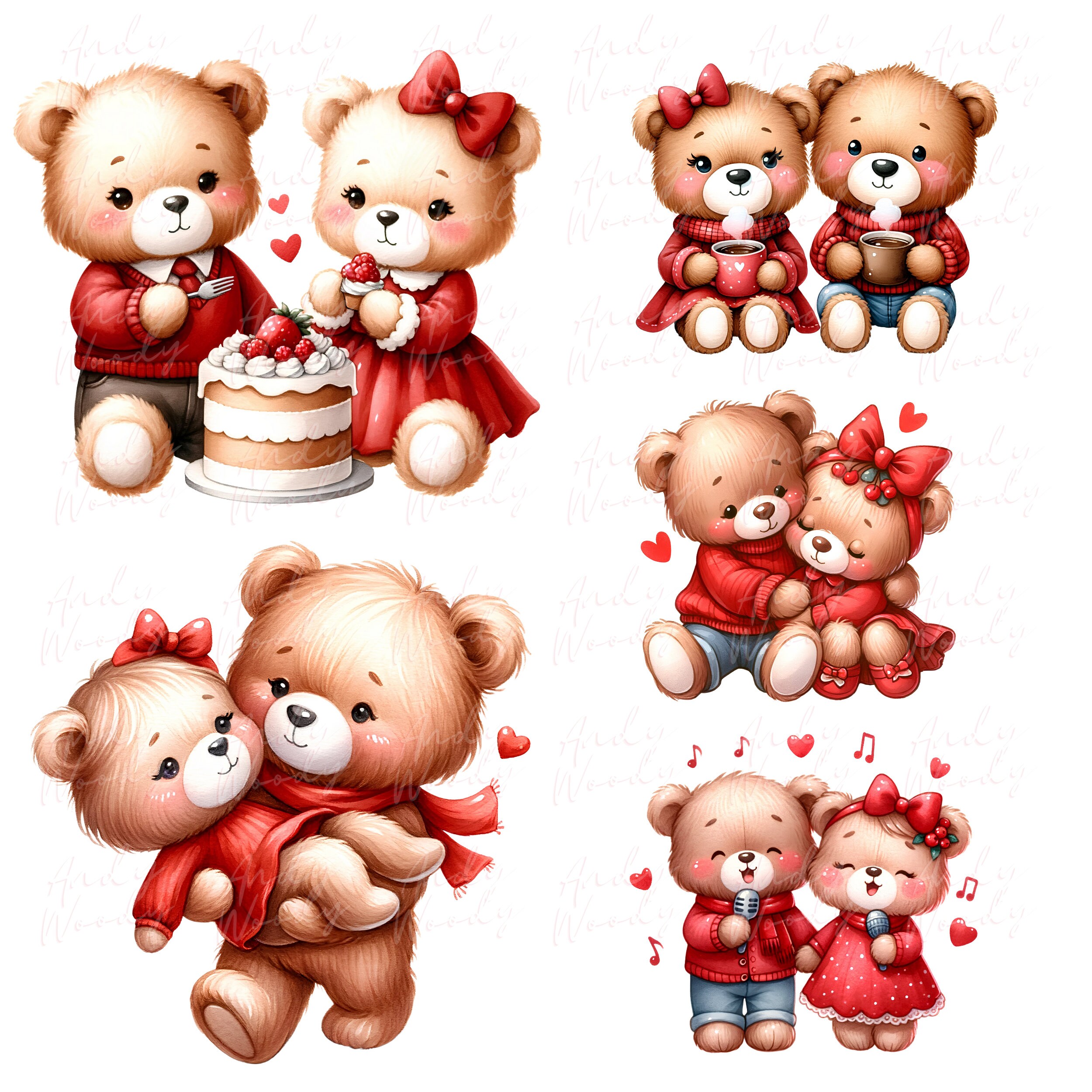 Watercolor Valentine's Day Teddy Bear Couple Clipart, Romantic Couple ...