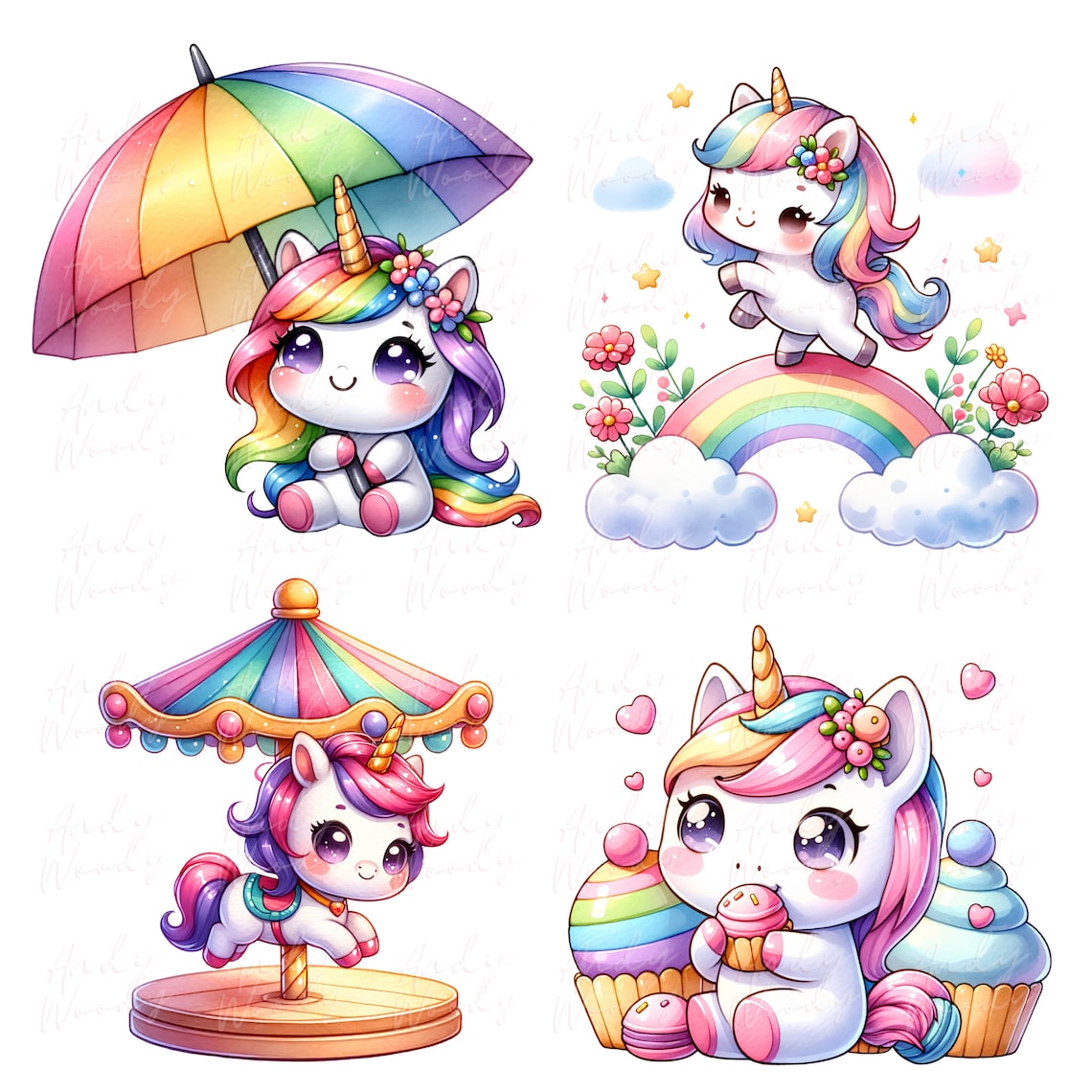 Cute Kawaii Unicorn Clipart, Unicorn PNG, Unicorn PNG Bundle, Rainbow ...
