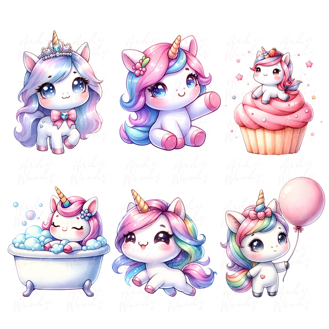 Cute Kawaii Unicorn Clipart, Unicorn PNG, Unicorn PNG Bundle, Rainbow ...