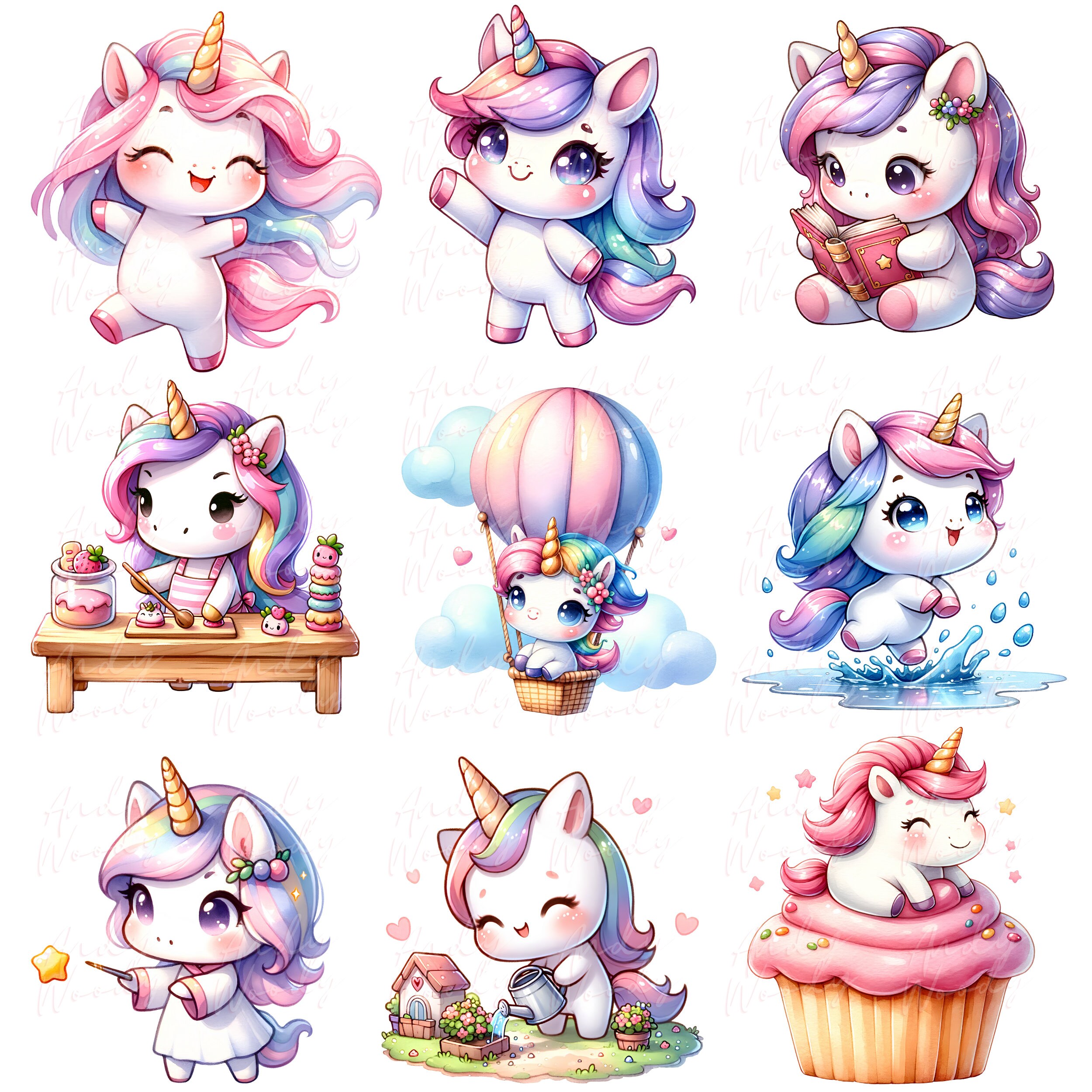 Cute Kawaii Unicorn Clipart, Unicorn PNG, Unicorn PNG Bundle, Rainbow ...