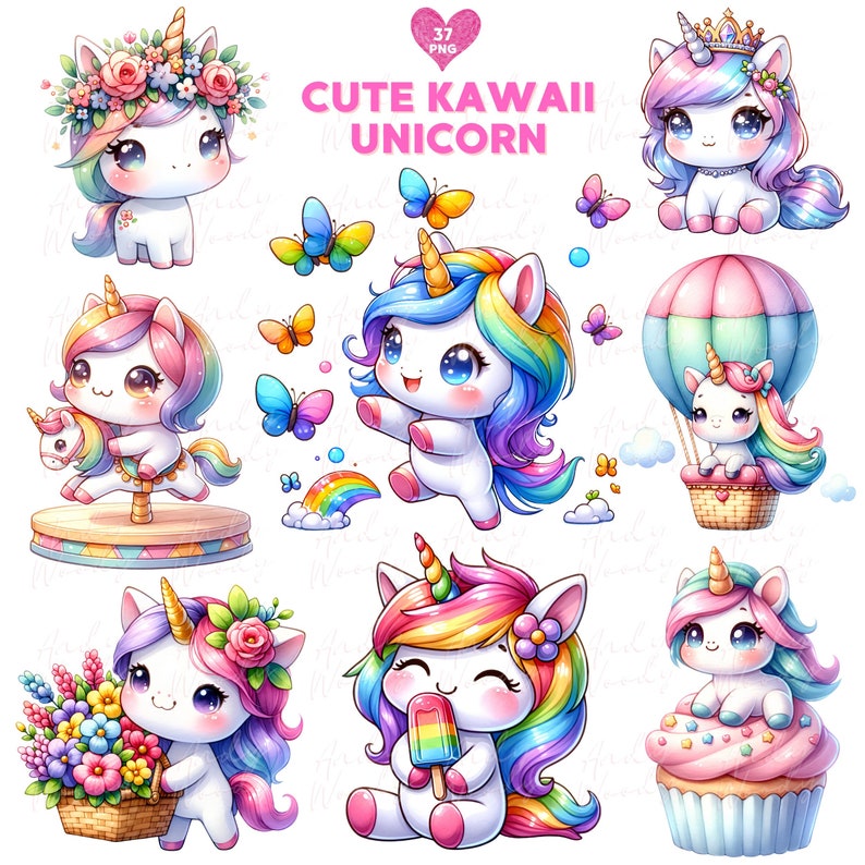 Cute Kawaii Unicorn Clipart, Unicorn PNG, Unicorn PNG Bundle, Rainbow ...