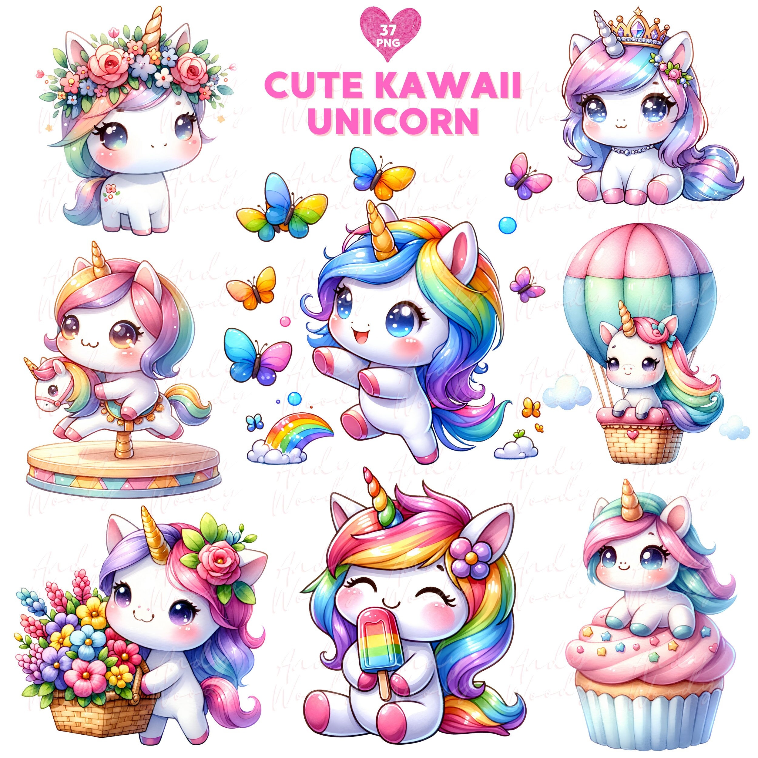 Cute Kawaii Unicorn Clipart, Unicorn PNG, Unicorn PNG Bundle, Rainbow ...