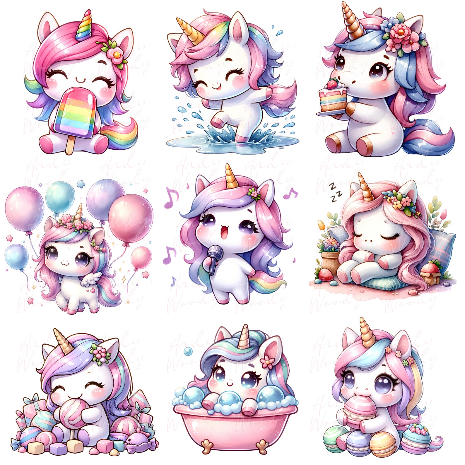 Cute Kawaii Unicorn Clipart, Unicorn PNG, Unicorn PNG Bundle, Rainbow ...