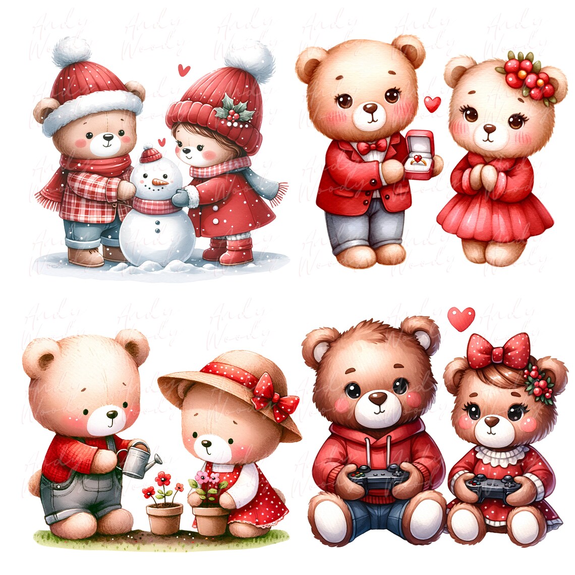 Watercolor Valentine's Day Teddy Bear Couple Clipart, Romantic Couple ...