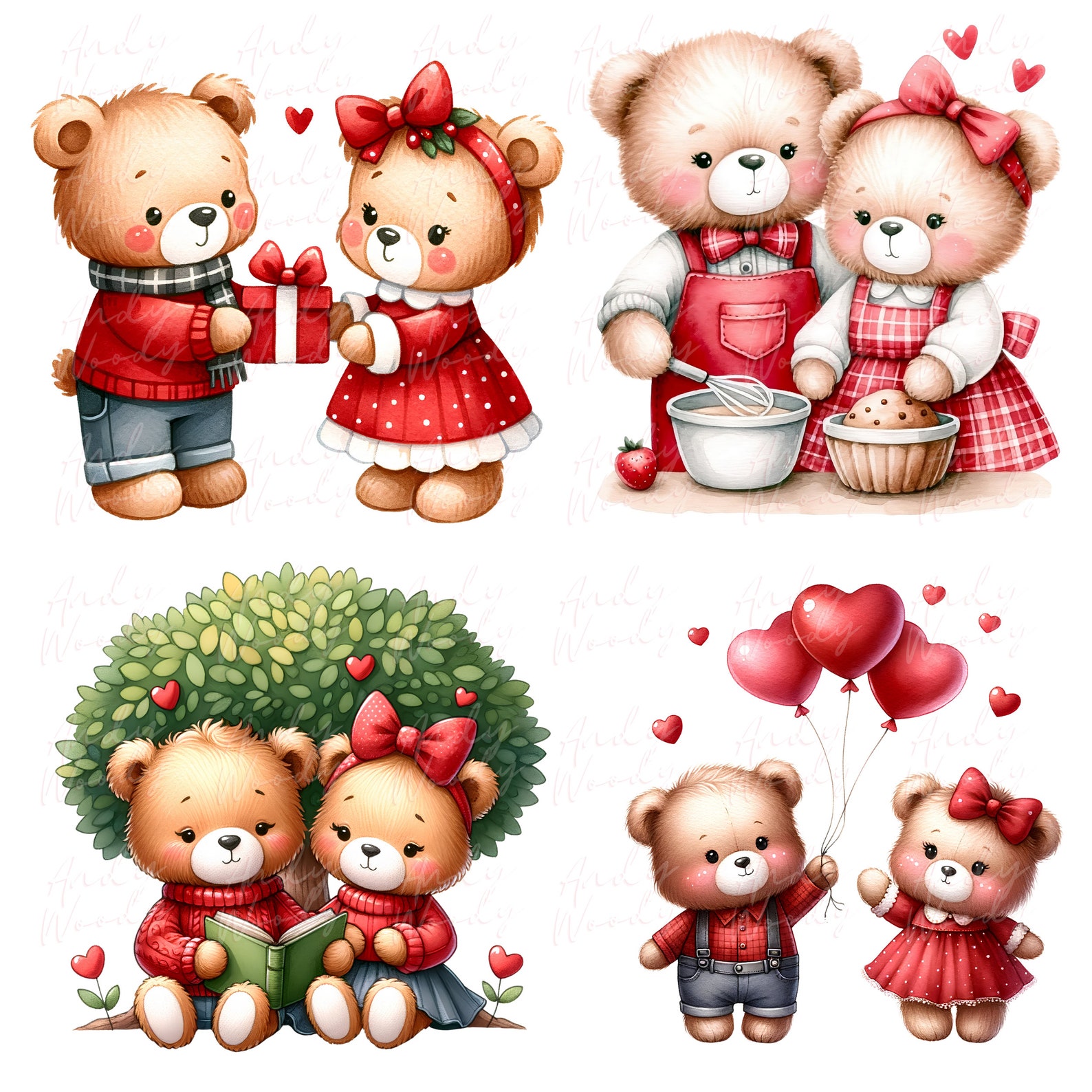 Watercolor Valentine's Day Teddy Bear Couple Clipart, Romantic Couple ...