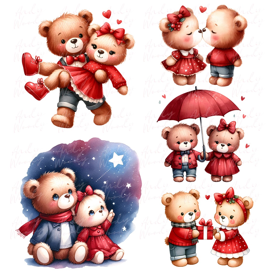 Watercolor Valentine's Day Teddy Bear Couple Clipart, Romantic Couple ...