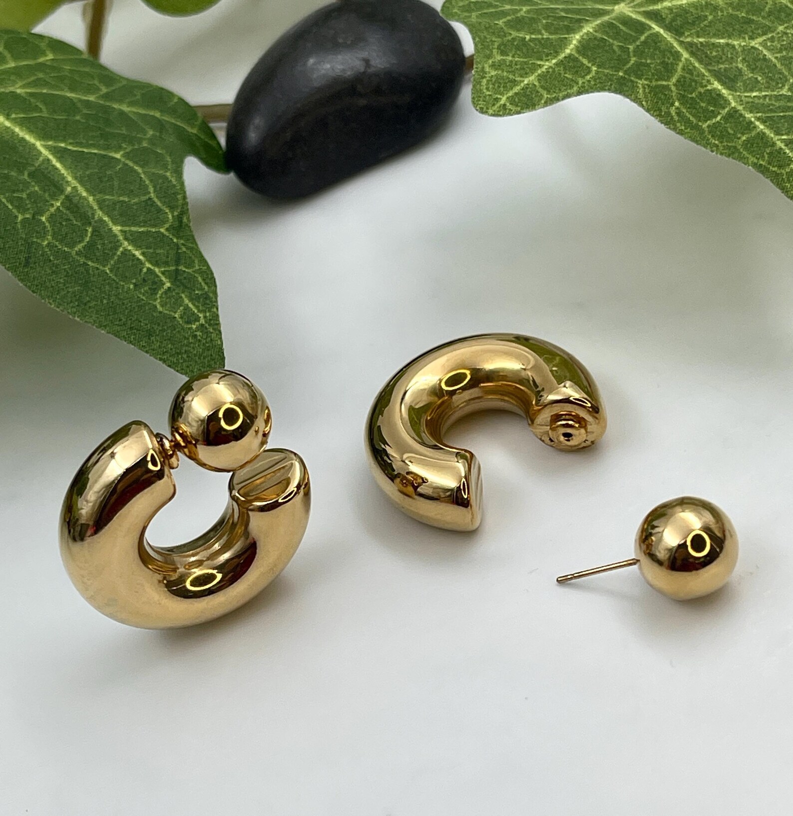 Thick Shiny Hoop Ear Jackets• Chunky Golden Stainless Steel Earrings ...