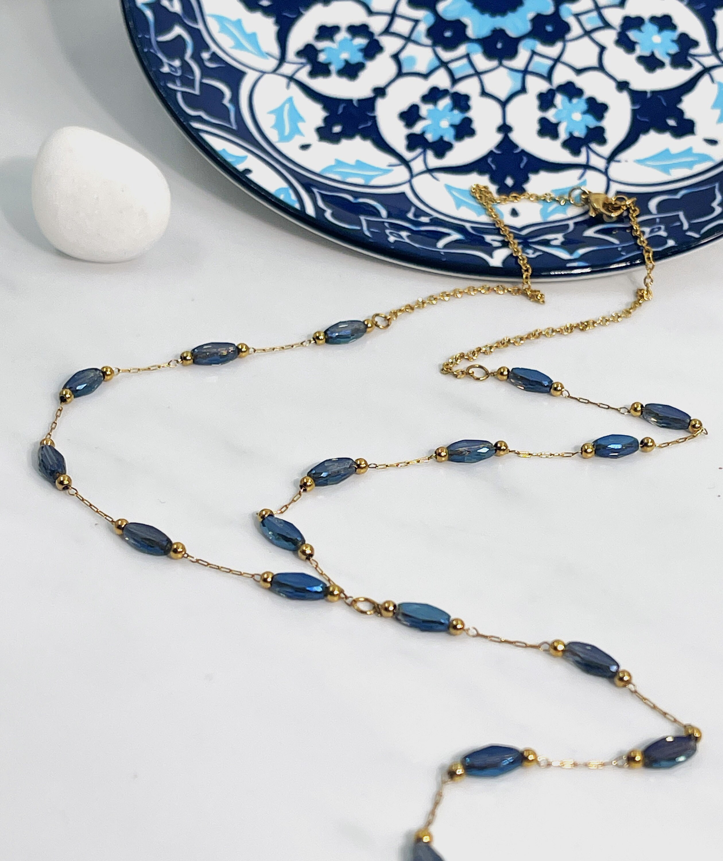 Dainty Rosary Necklace Y Shaped Blue Crystals Lariat Delicate Baguette ...