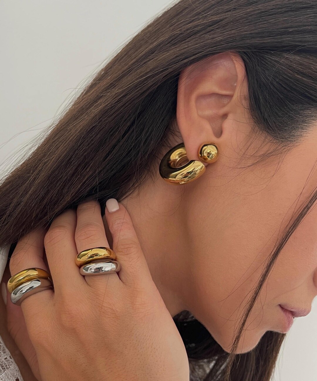 Thick Shiny Hoop Ear Jackets• Chunky Golden Stainless Steel Earrings ...