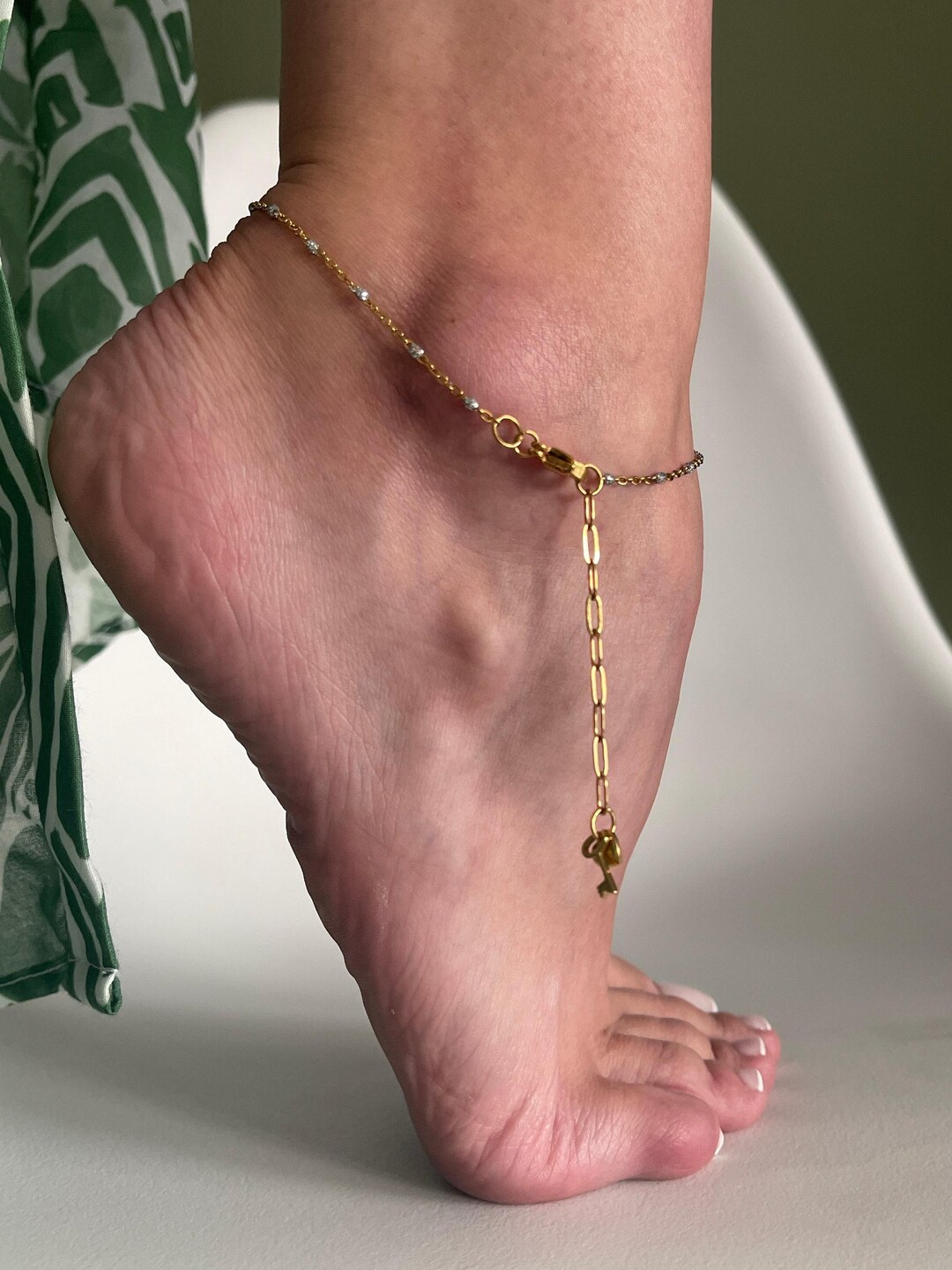 Minimal Stainless Steel Sparkly Chain Anklet• Golden Heart Key Ankle ...