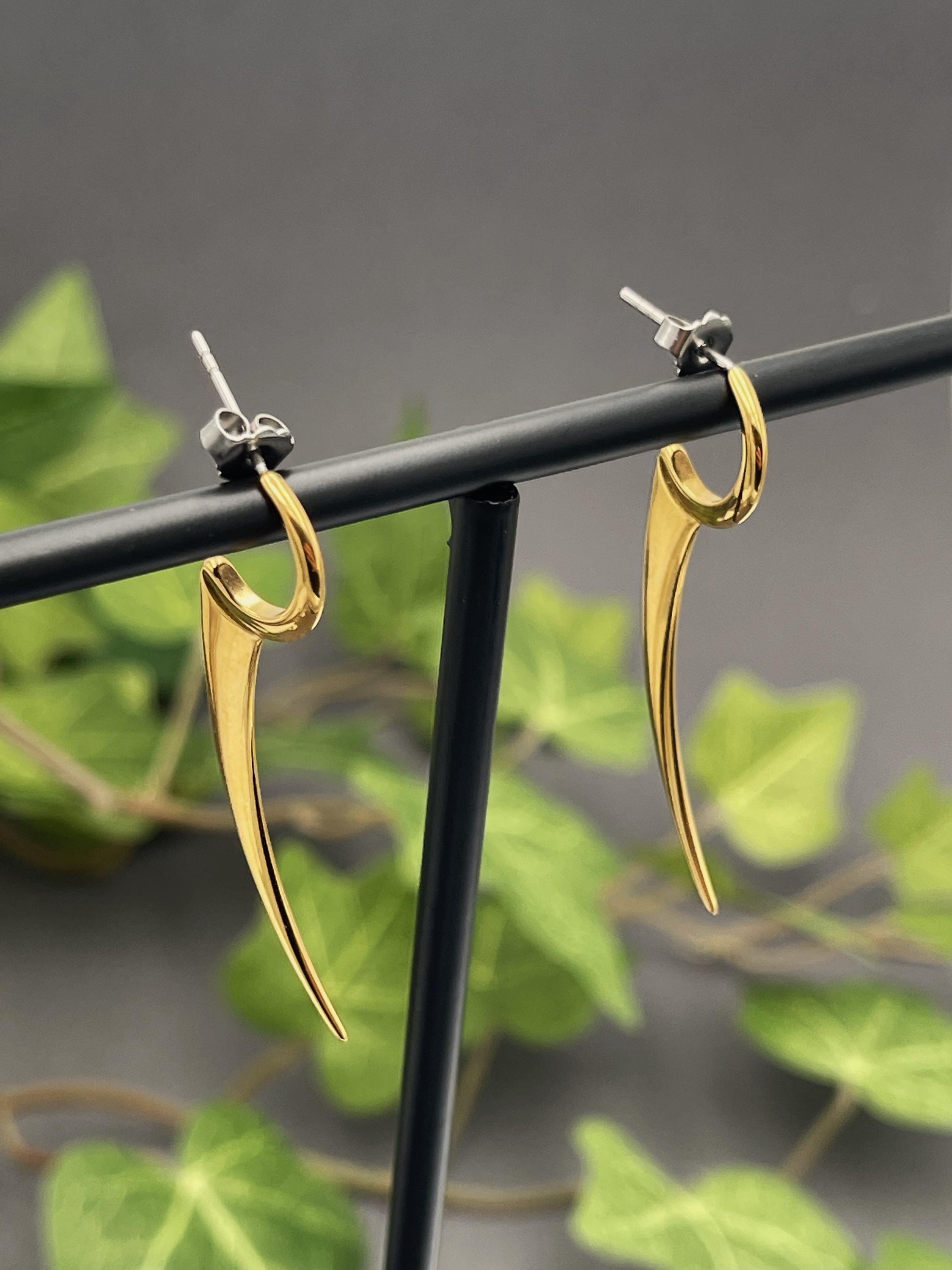 Bold Stainless Steel Pointy Long Earrings• Sharp Golden Earrings ...