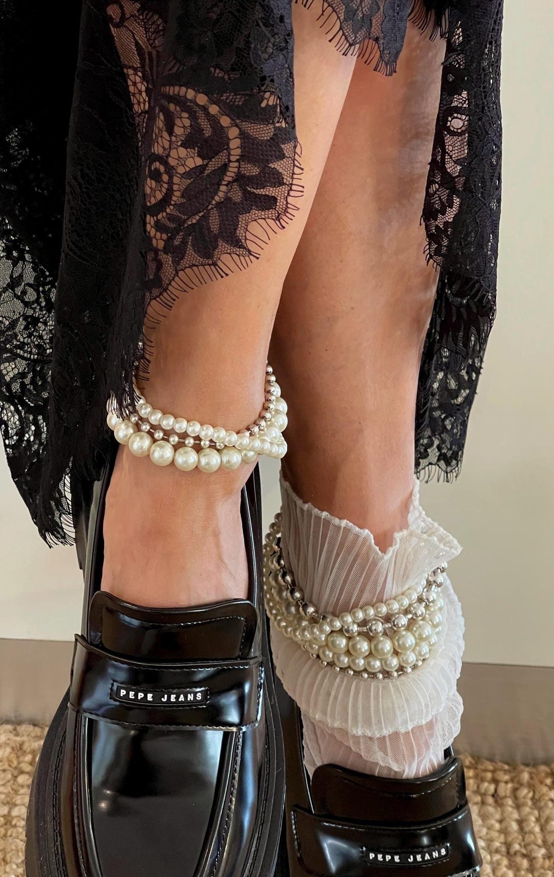 Chunky Layered Pearls Anklet• Silver Thick Ball Chain Anklet ...