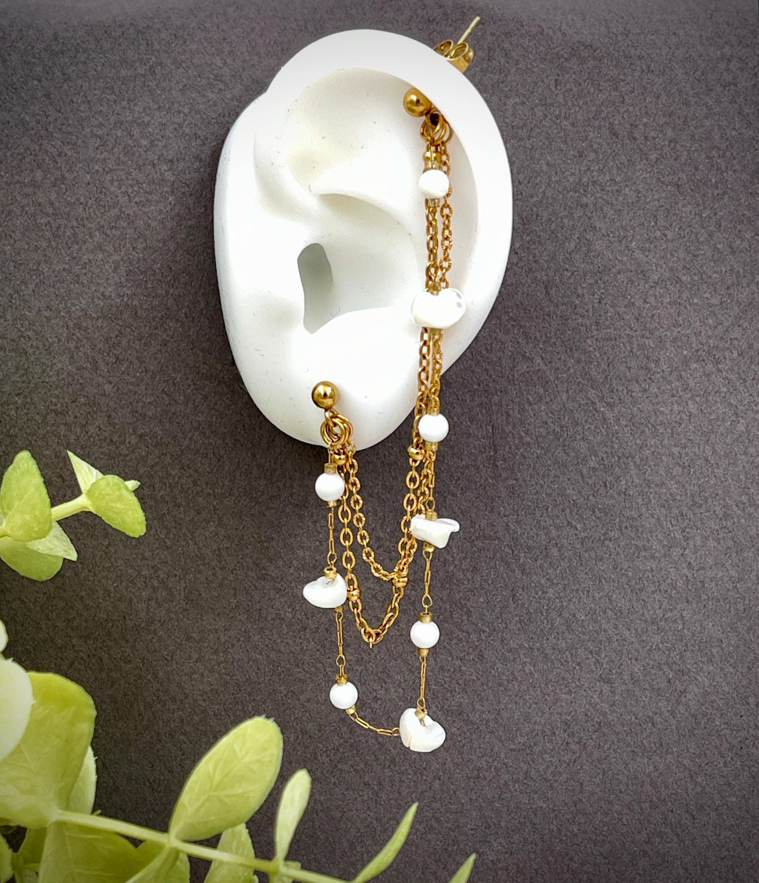 Golden Stainless Steel Multi Shells Chain Single Stud Earring• Boho ...