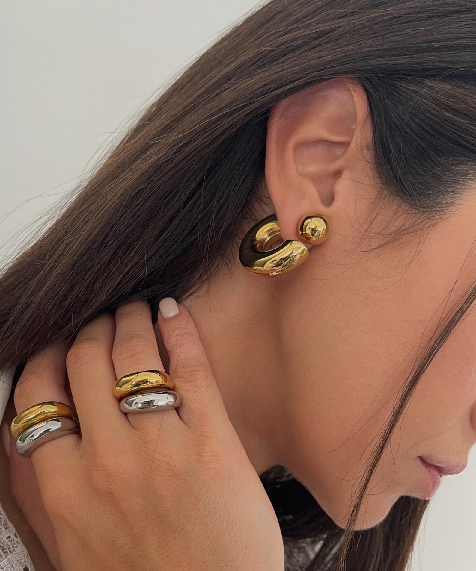 Thick Shiny Hoop Ear Jackets• Chunky Golden Stainless Steel Earrings ...