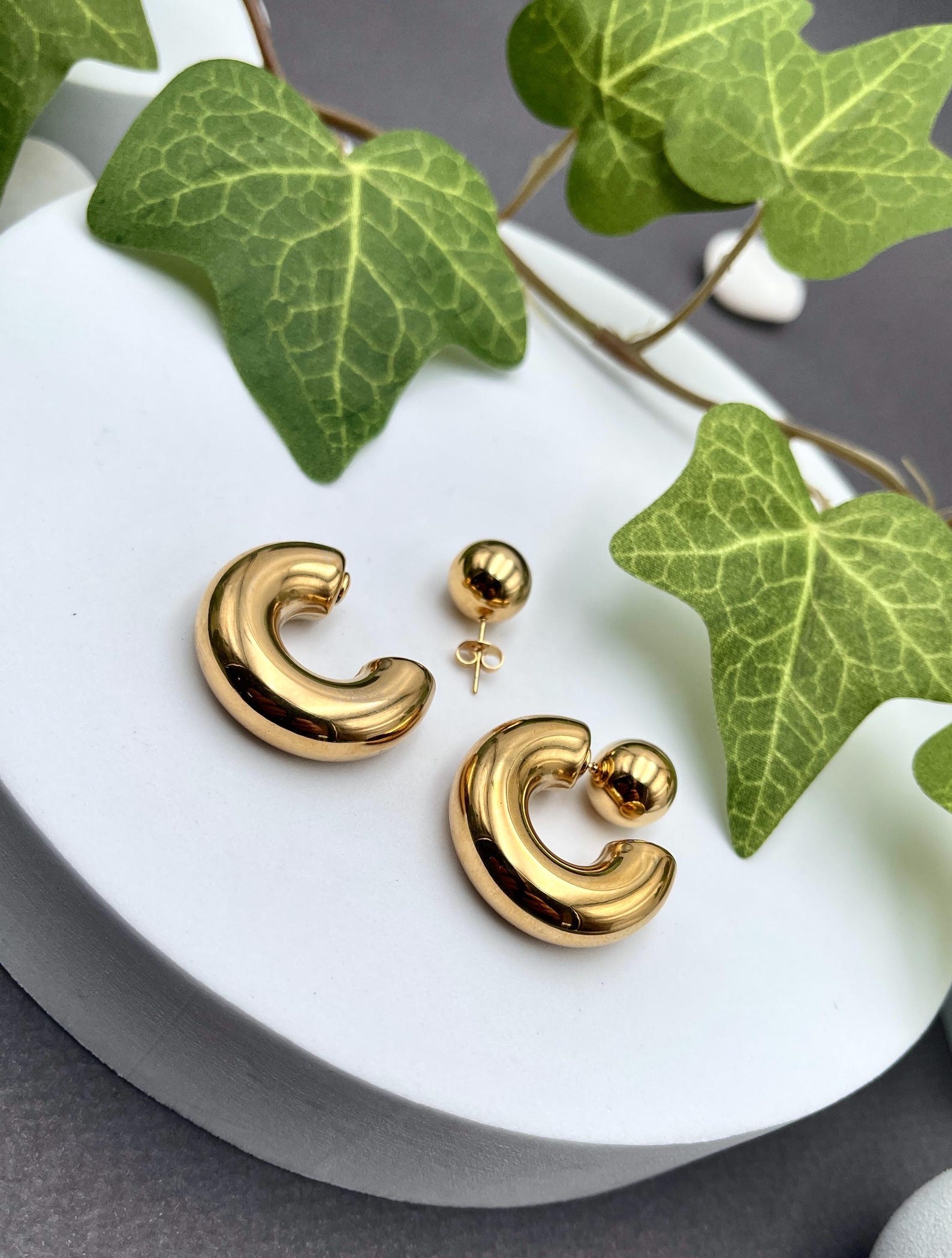 Thick Shiny Hoop Ear Jackets• Chunky Golden Stainless Steel Earrings ...