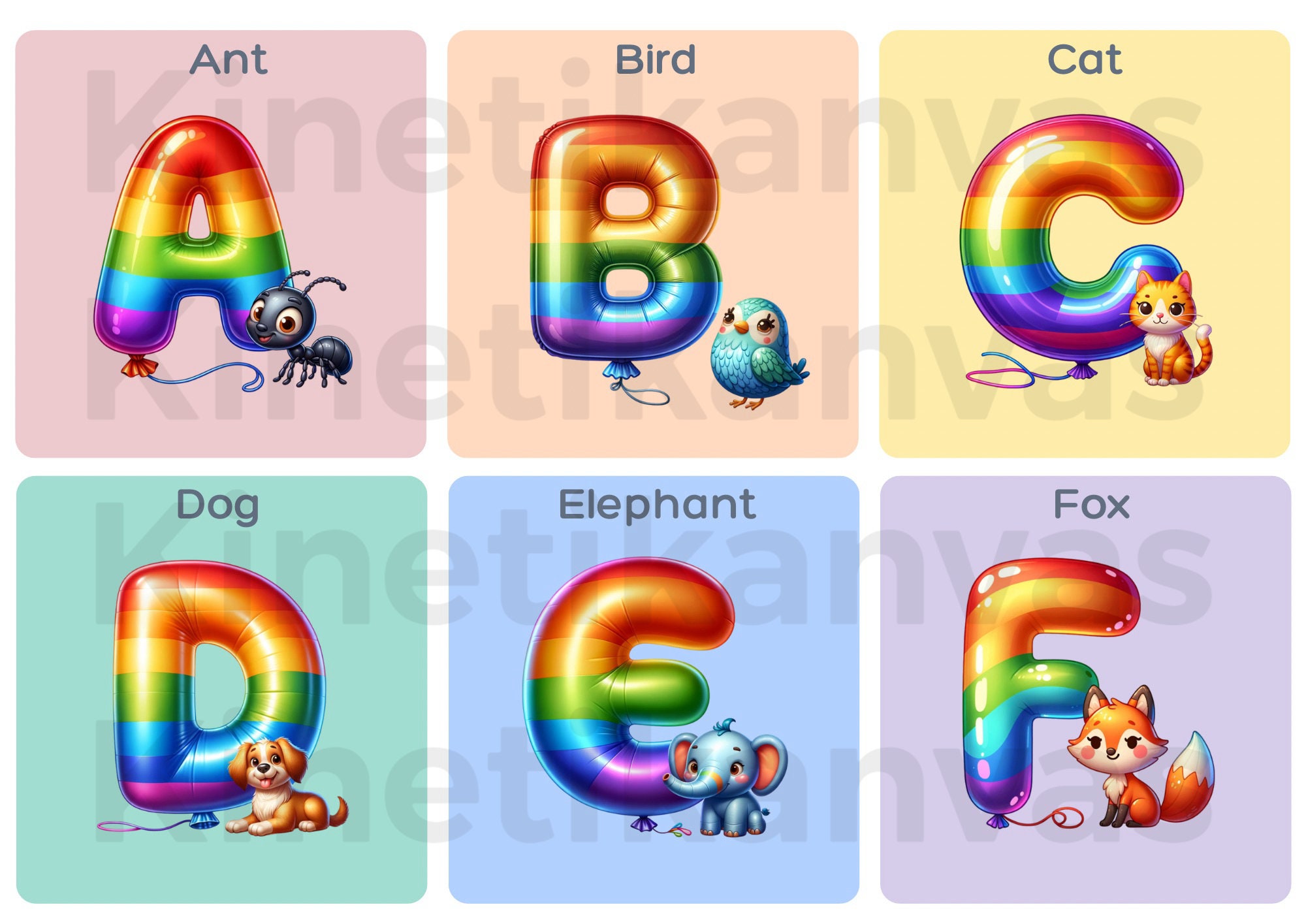 Balloon Animal Alphabet Clipart, Rainbow Letters PNG & Flashcards, Kids ...