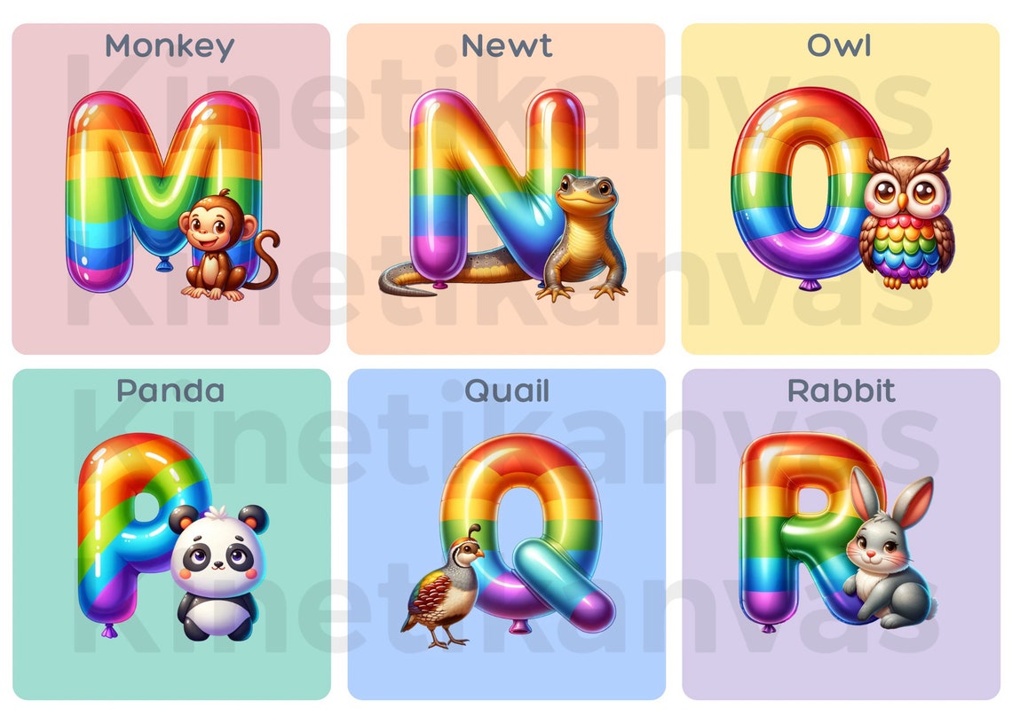 Balloon Animal Alphabet Clipart, Rainbow Letters PNG & Flashcards, Kids ...