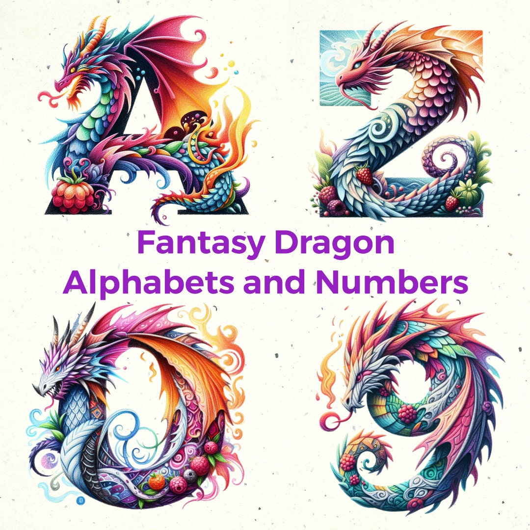 Fantasy Dragon Alphabets & Numbers Clipart, Fantasy Digital Art PNG ...