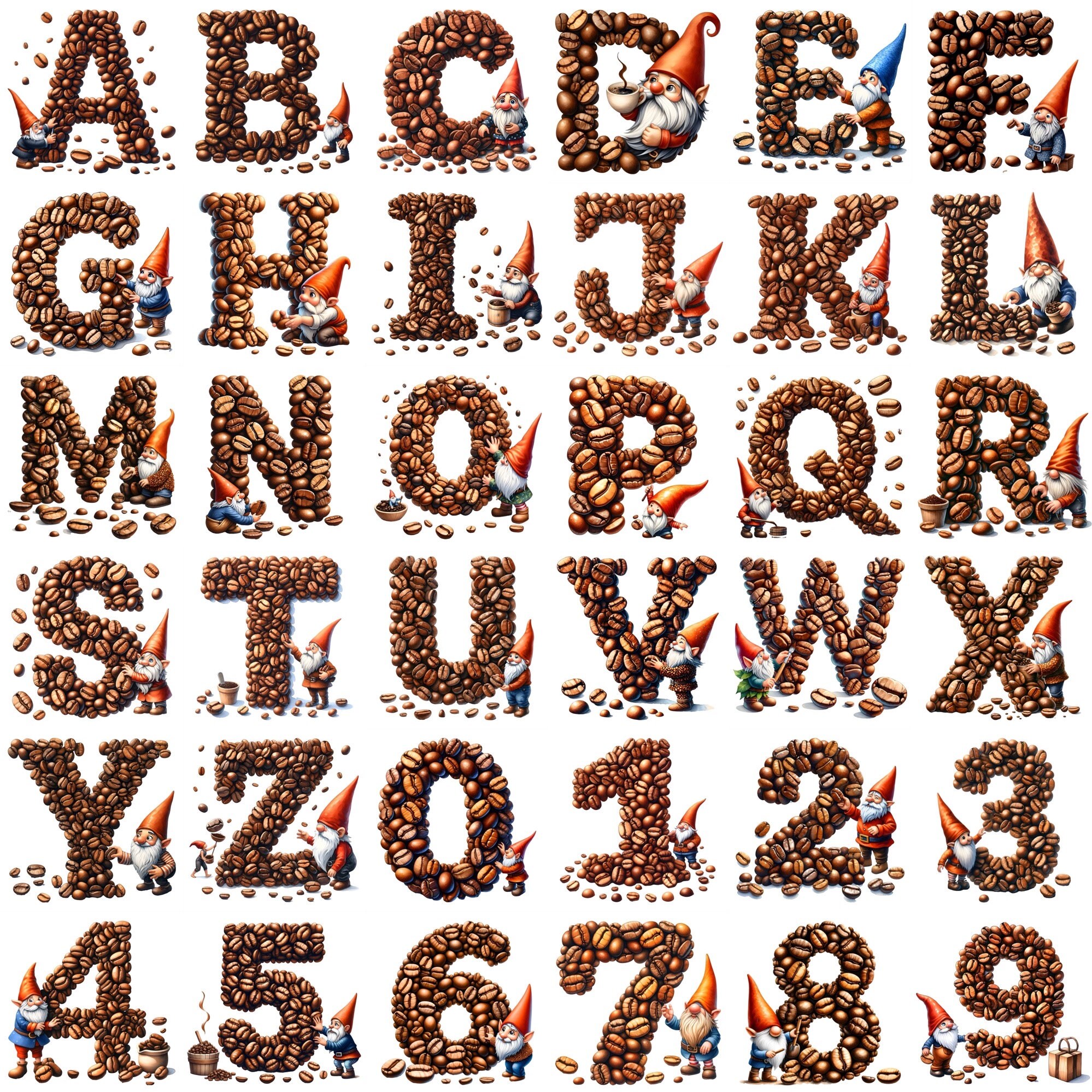 Coffee Bean Gnome Alphabet & Numbers Digital Art Instant Download Home ...