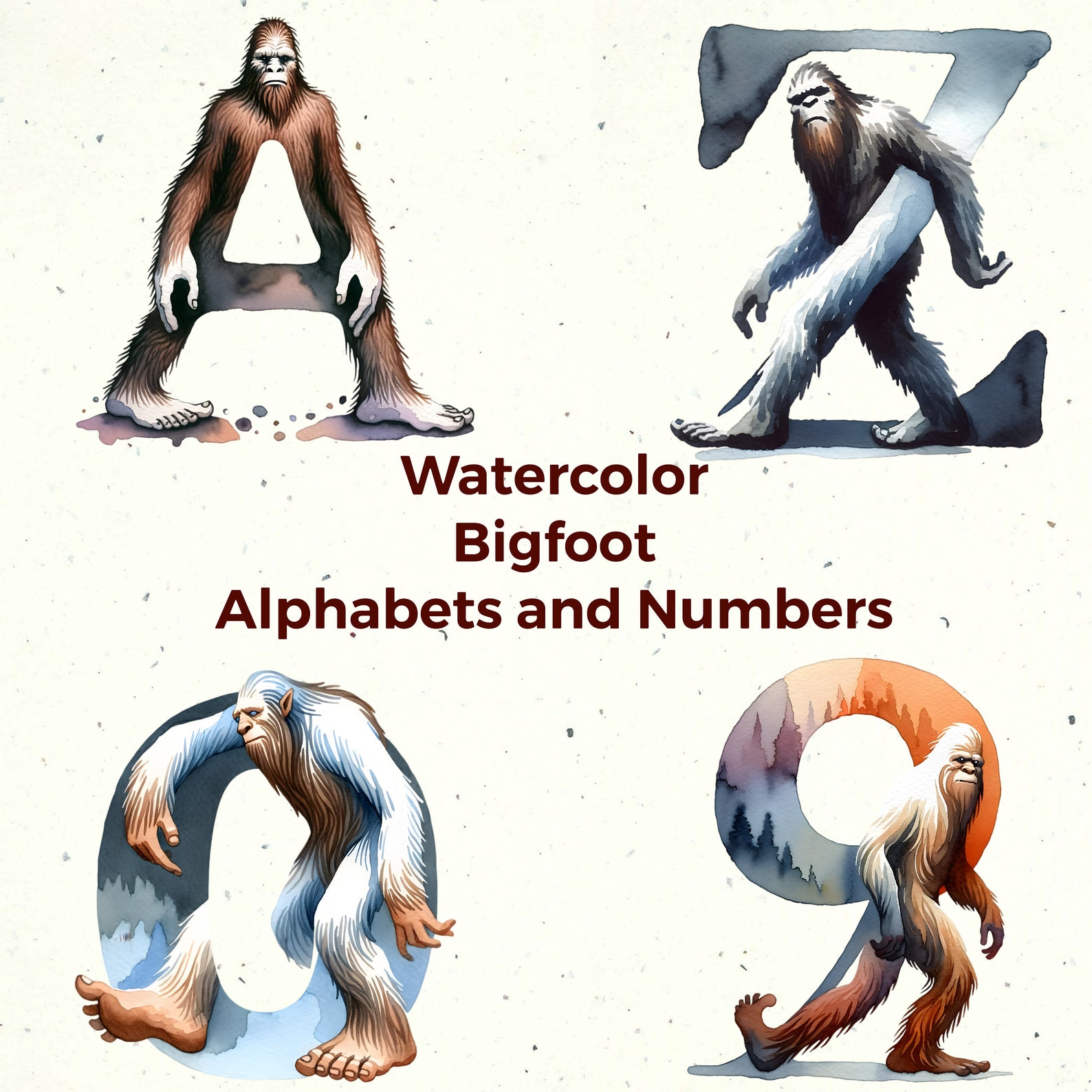 Bigfoot Alphabet Watercolor Art, Sasquatch Letters & Numbers, Cryptid ...