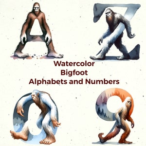 Bigfoot Alphabet Watercolor Art, Sasquatch Letters & Numbers, Cryptid ...