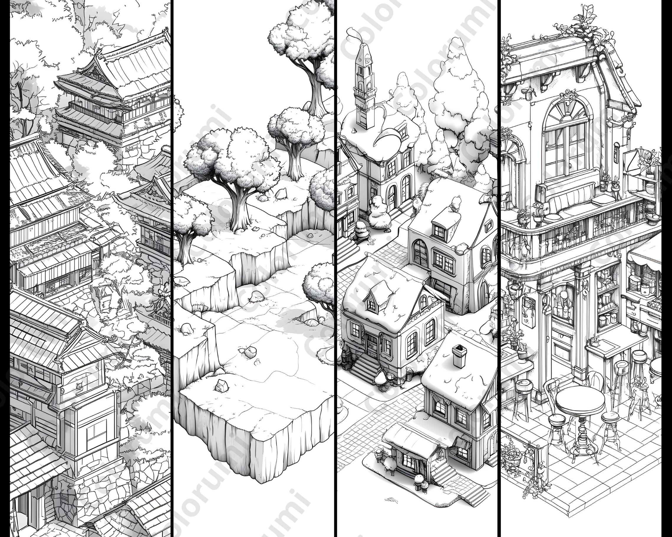 Isometric Buildings Coloring Book 35 Pages High Quality Manga Fantasy ...