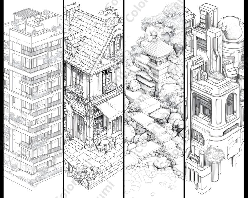 Isometric Buildings Coloring Book 35 Pages High Quality Manga Fantasy ...
