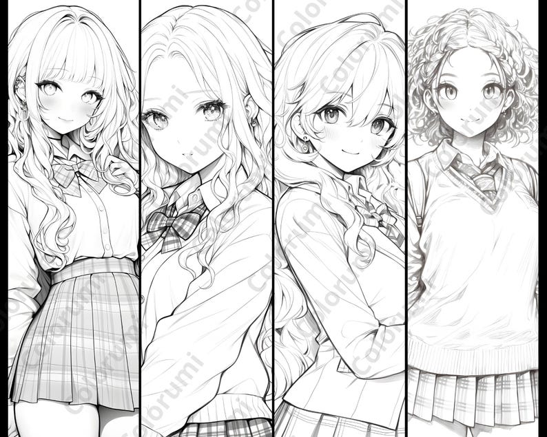 Anime School Girls Coloring Book 45 Pages Manga Fantasy Anime Coloring ...