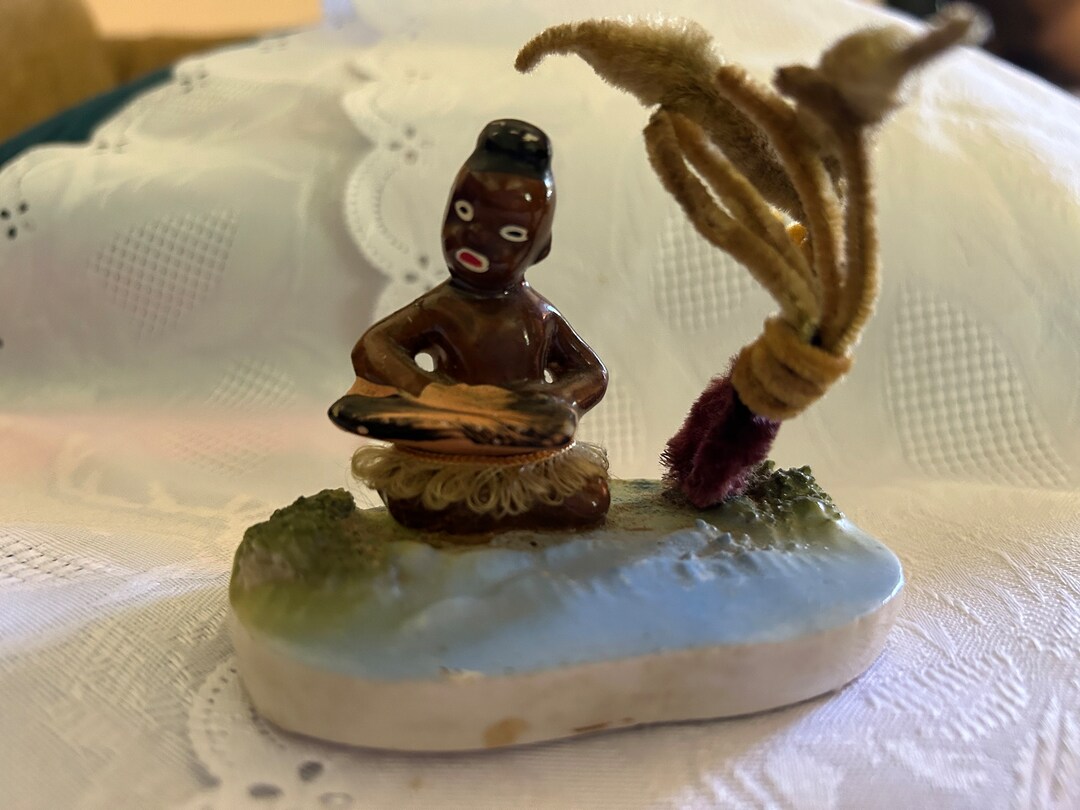 Vintage Island Native on Beach Porcelain Figurine. Made in Japan Fuzzy ...