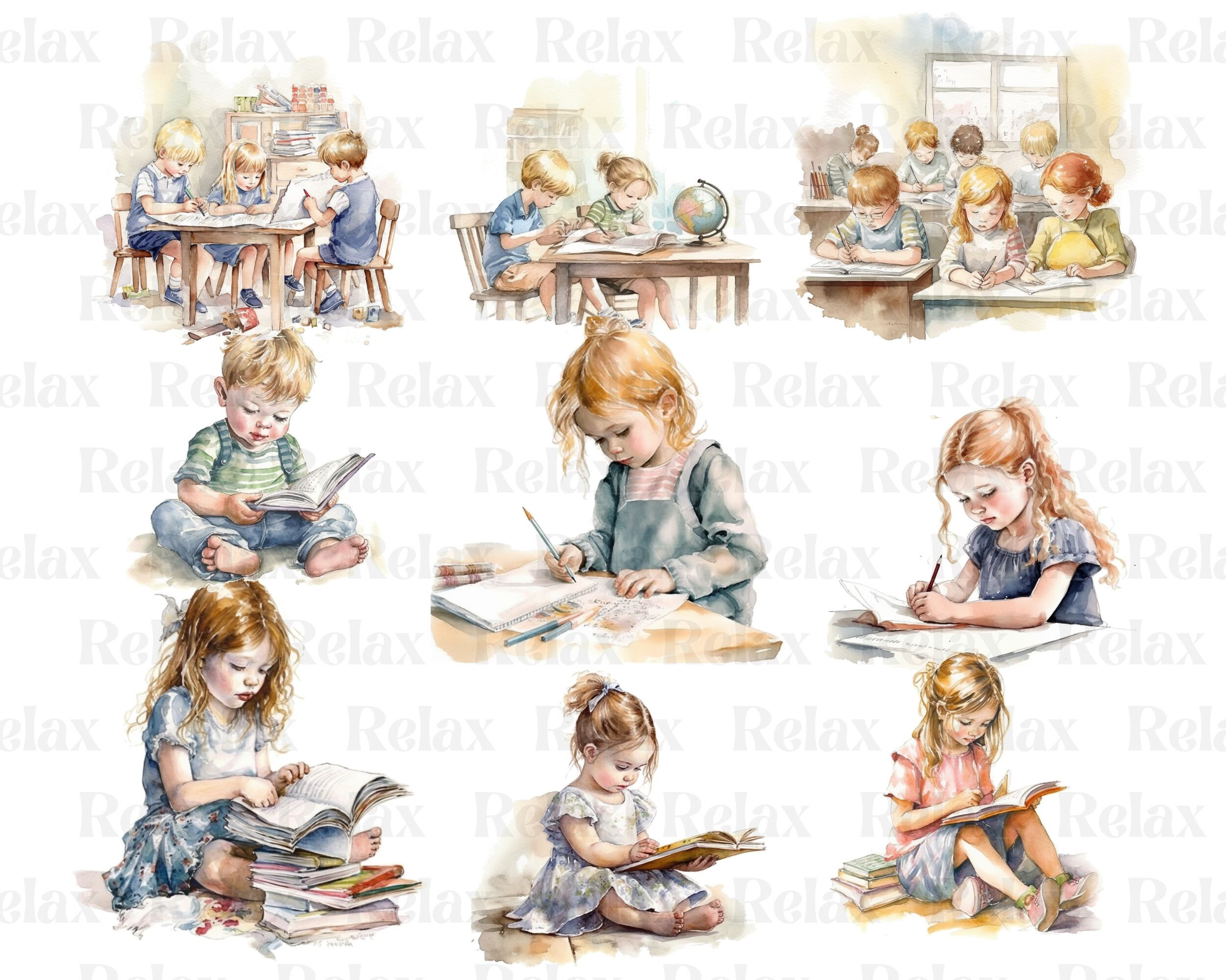 56 WATERCOLOR LANGUAGE CLASS, Back to School, Teacher, Bus, Commercial ...