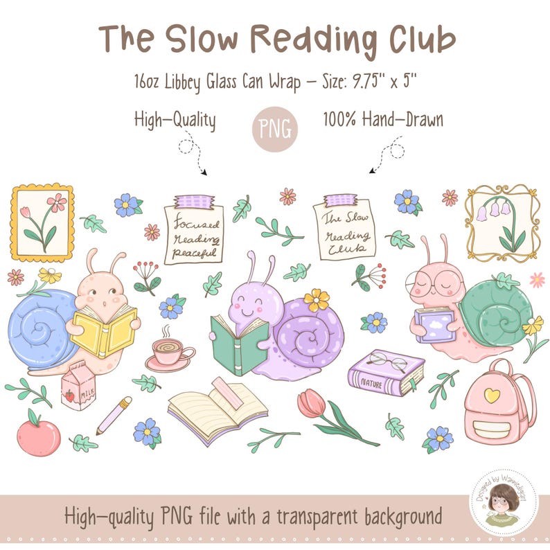 Slow Reading Club Snail PNG | 16oz Libbey Glass Can Wrap (digital ...