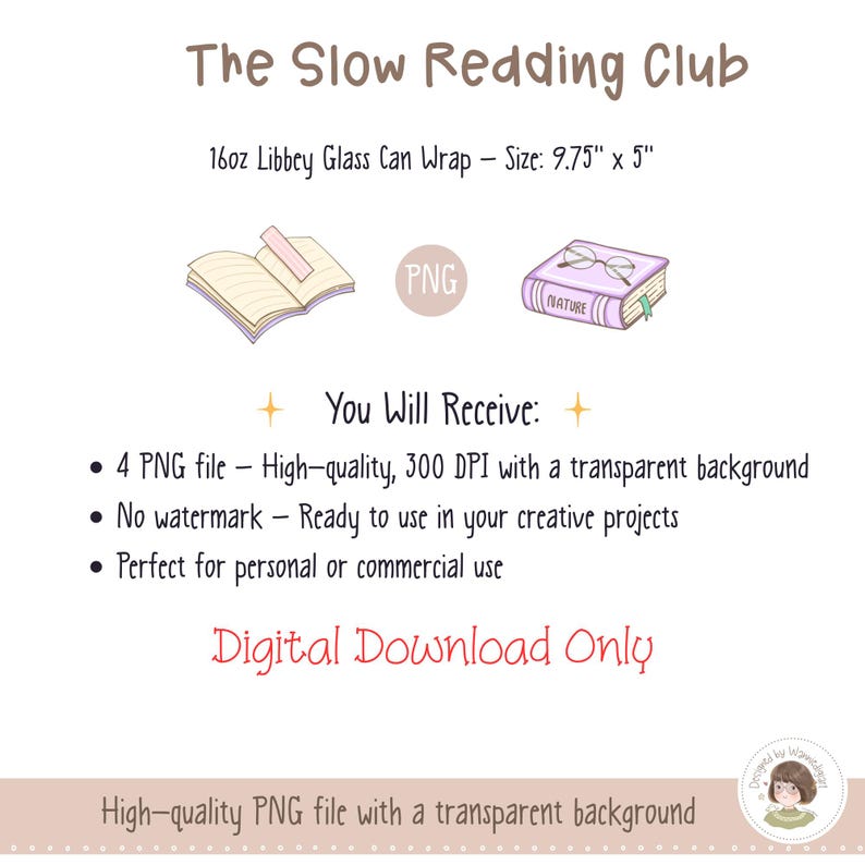 Slow Reading Club Snail PNG | 16oz Libbey Glass Can Wrap (digital ...