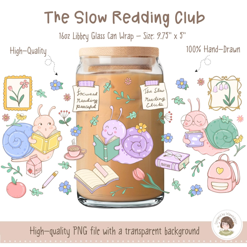 Slow Reading Club Snail PNG | 16oz Libbey Glass Can Wrap (digital ...