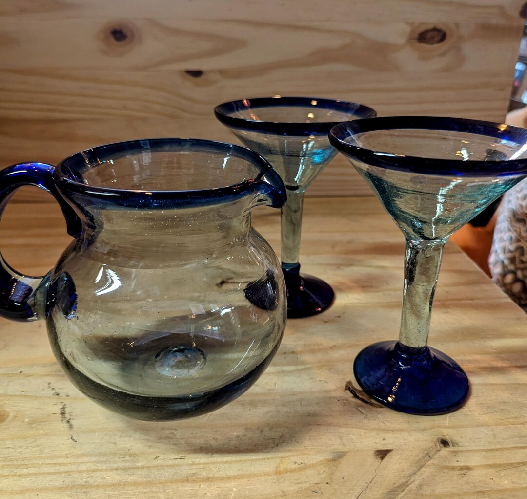 Hand Blown Bubble Glass Pitcher and Cocktail Glass Set - Etsy