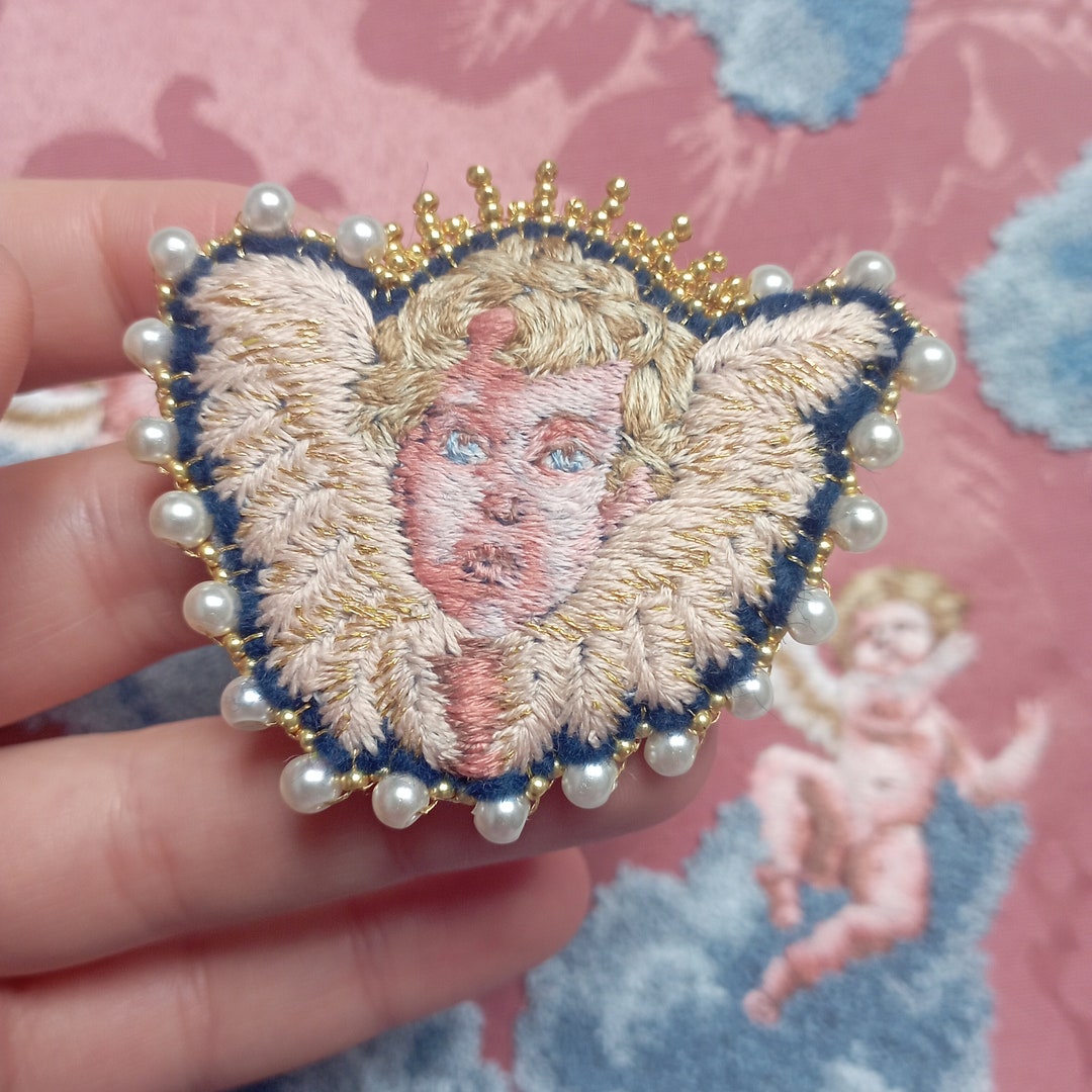 Hand-embroidered Angel Brooch/ Rococo Cherub Handmade Brooch - Etsy