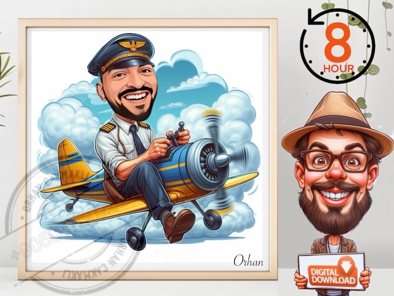 Custom Plane Captain Cartoon Portrait: Pilot Caricature Gift (digital ...
