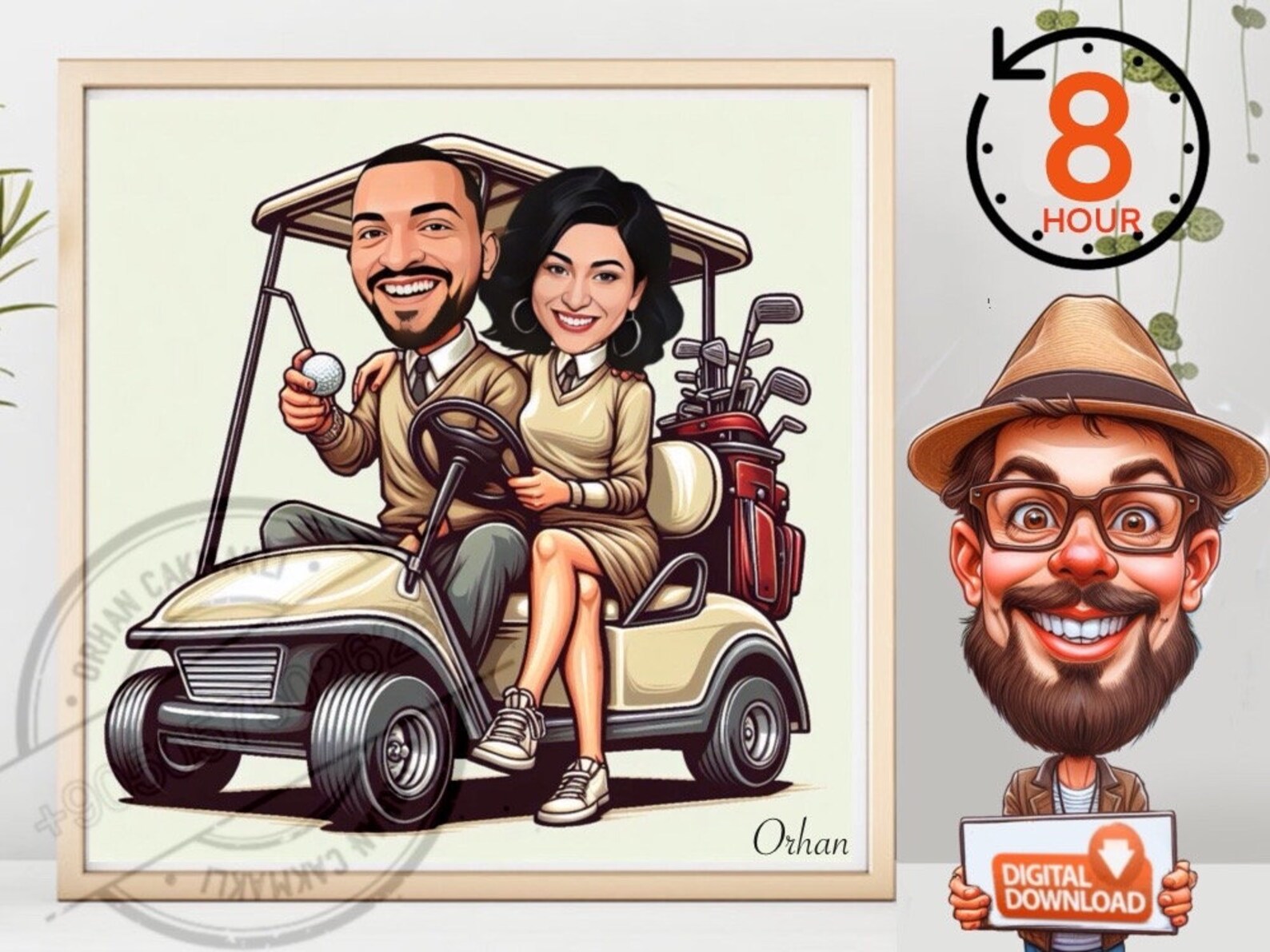 Custom Golf Couple Caricature, Anniversary Gift, Wedding Portrait ...