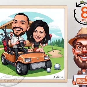 Custom Golf Couple Caricature, Anniversary Gift, Wedding Portrait ...