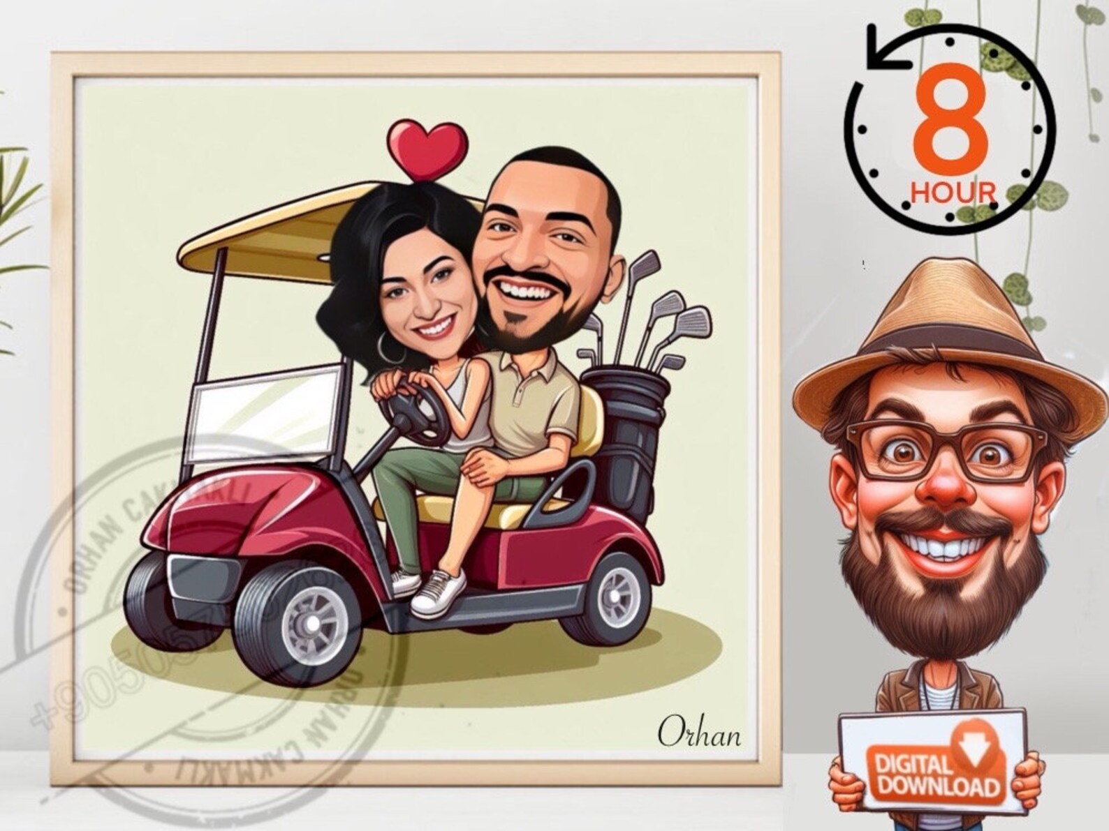 Custom Golf Couple Caricature, Anniversary Gift, Wedding Portrait ...
