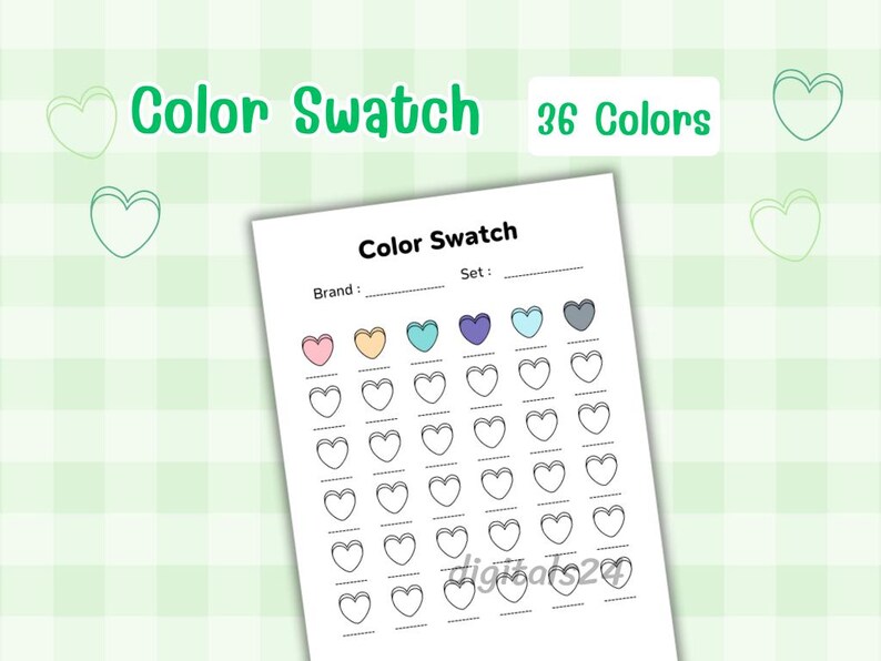 Cute Heart Color Swatch Chart Printable, Kawaii Color Swatches Sheets ...