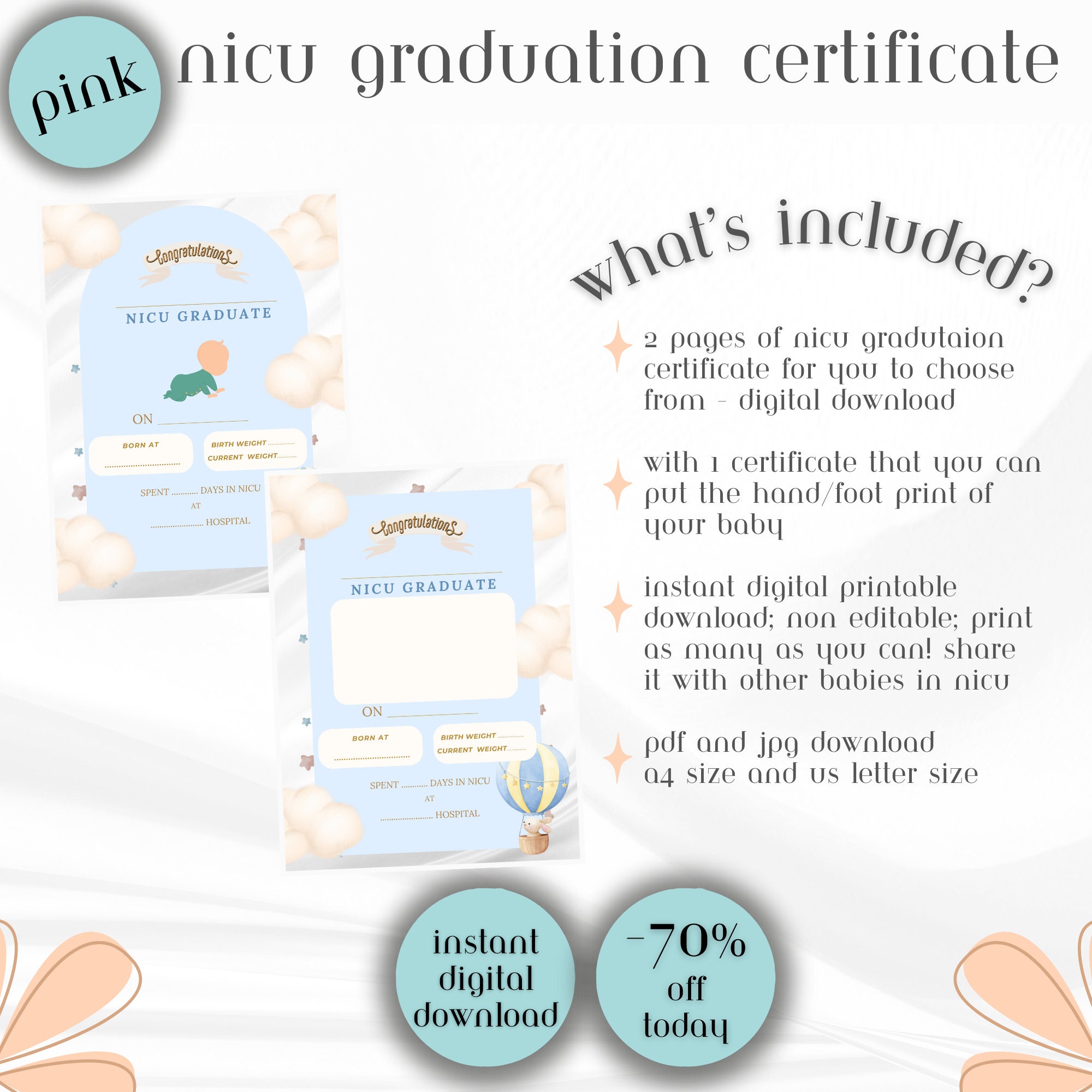 NICU Graduate Certificate Blue Printable, NICU Footprint Art, Handprint ...