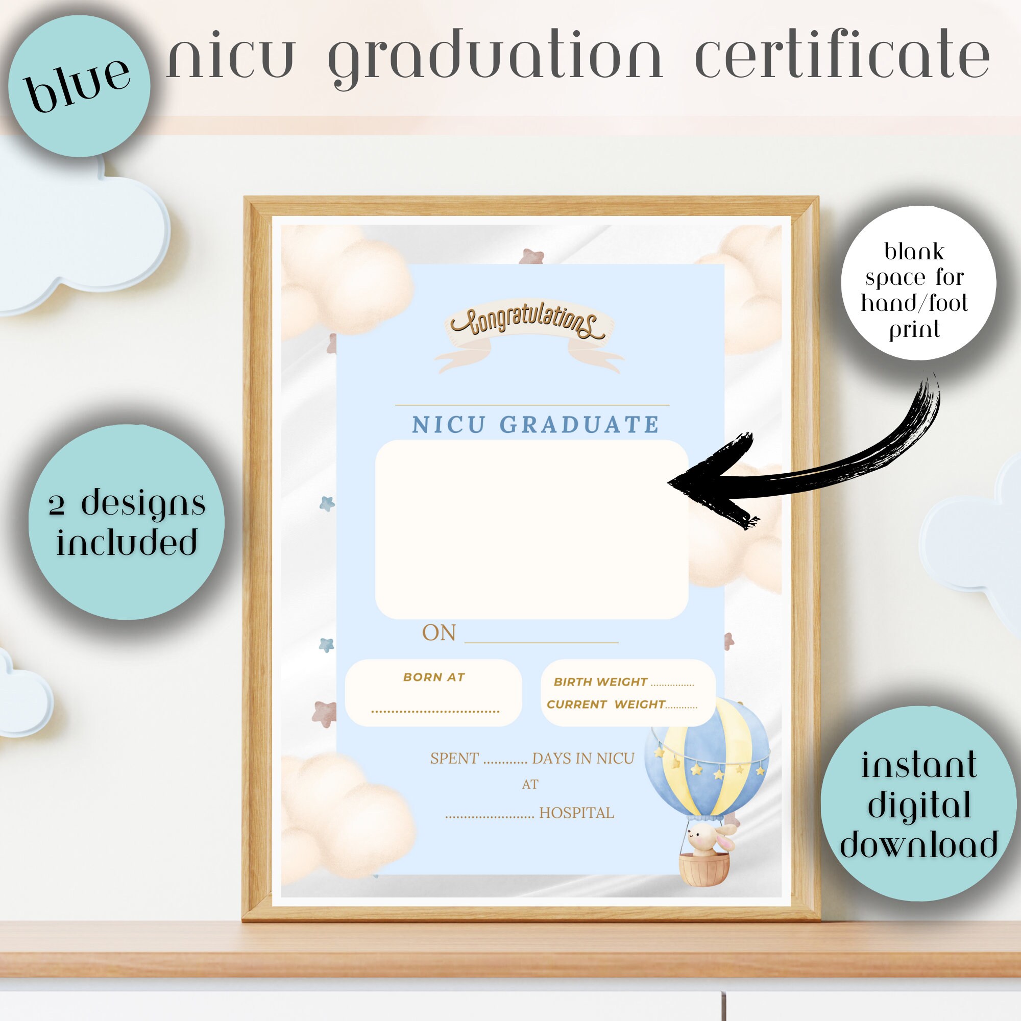NICU Graduate Certificate Blue Printable, NICU Footprint Art, Handprint ...