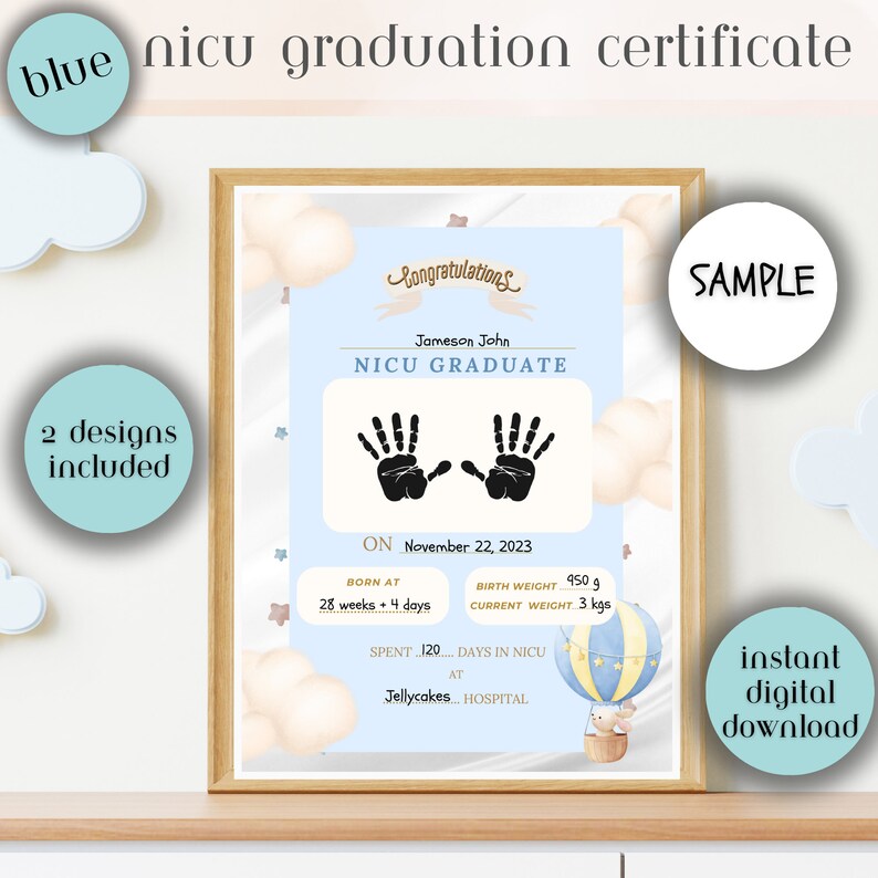 NICU Graduate Certificate Blue Printable, NICU Footprint Art, Handprint ...