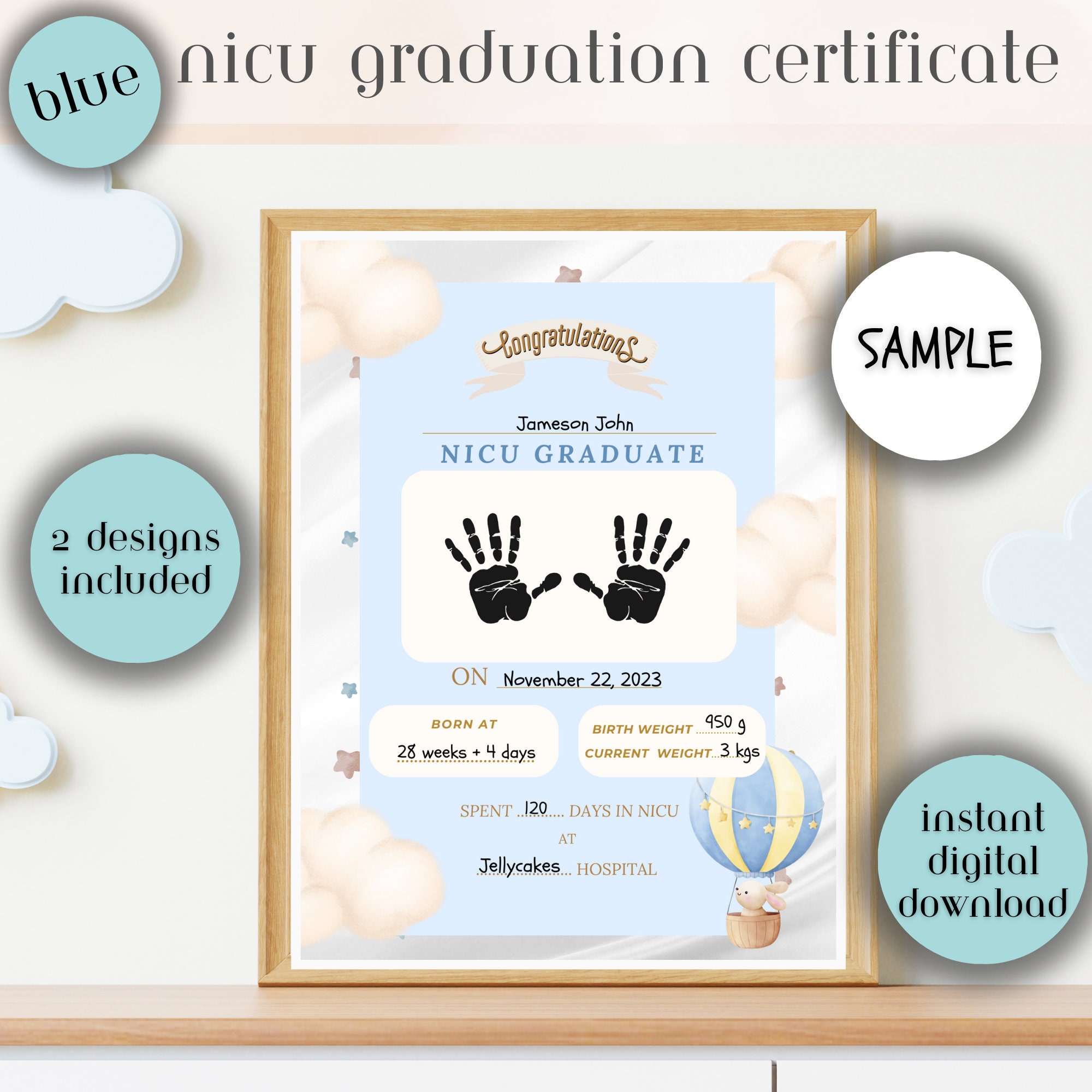 NICU Graduate Certificate Blue Printable, NICU Footprint Art, Handprint ...