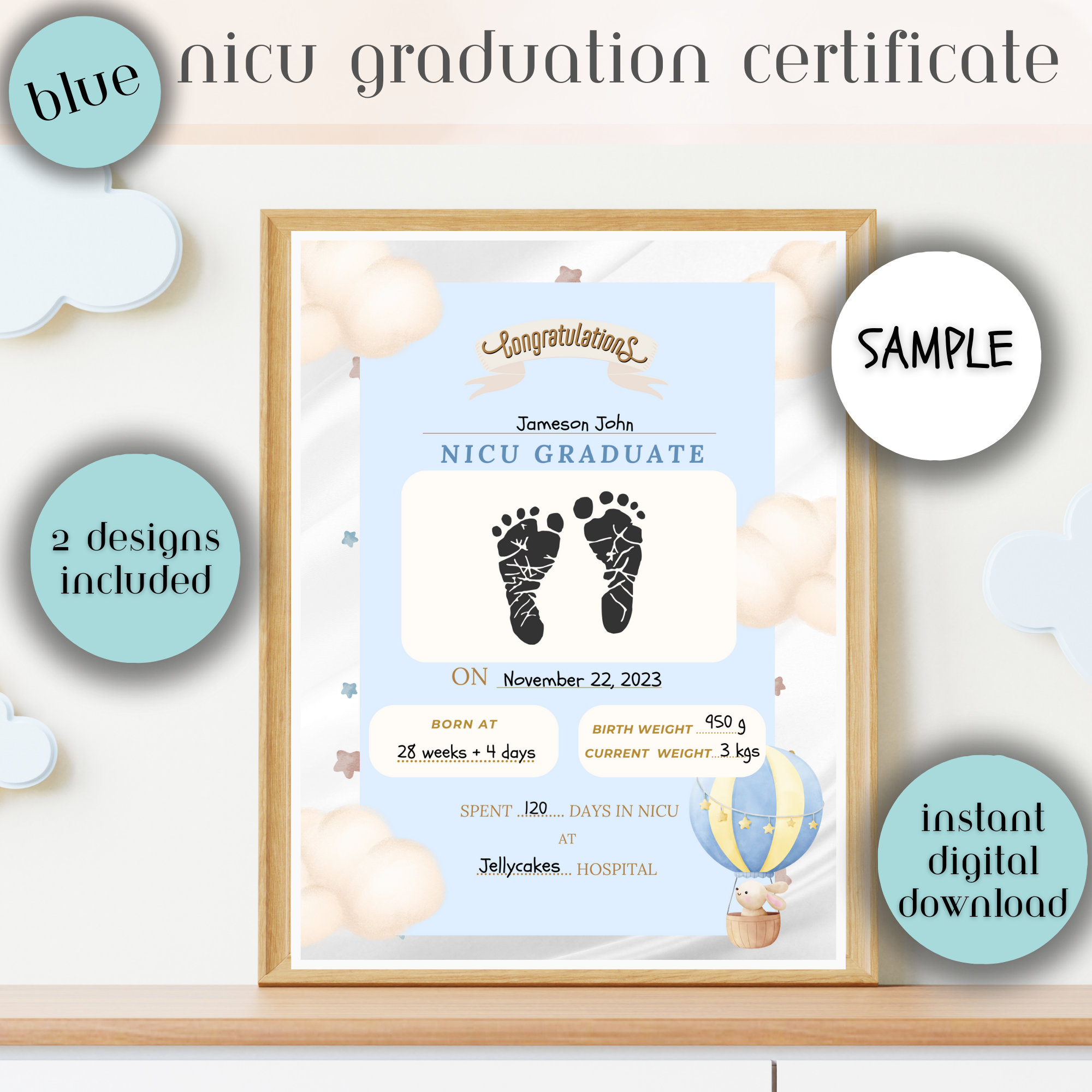 NICU Graduate Certificate Blue Printable, NICU Footprint Art, Handprint ...