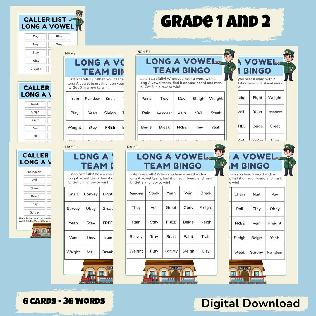 Long A Vowel Team Bingo Game First Grade Phonics Activity Grade 1 & 2 ...
